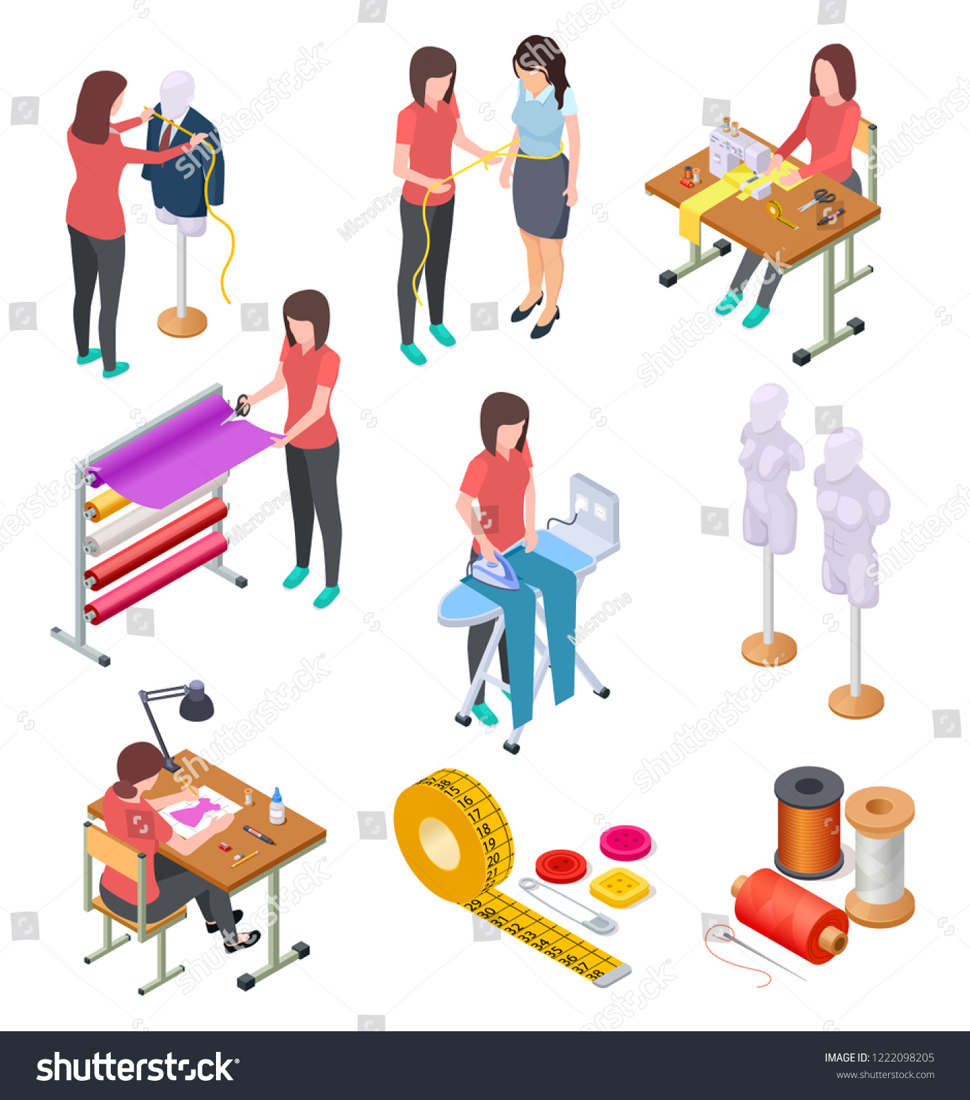 Sewing Factory Isometric Set Textile Clothing Stock Vector Royalty
