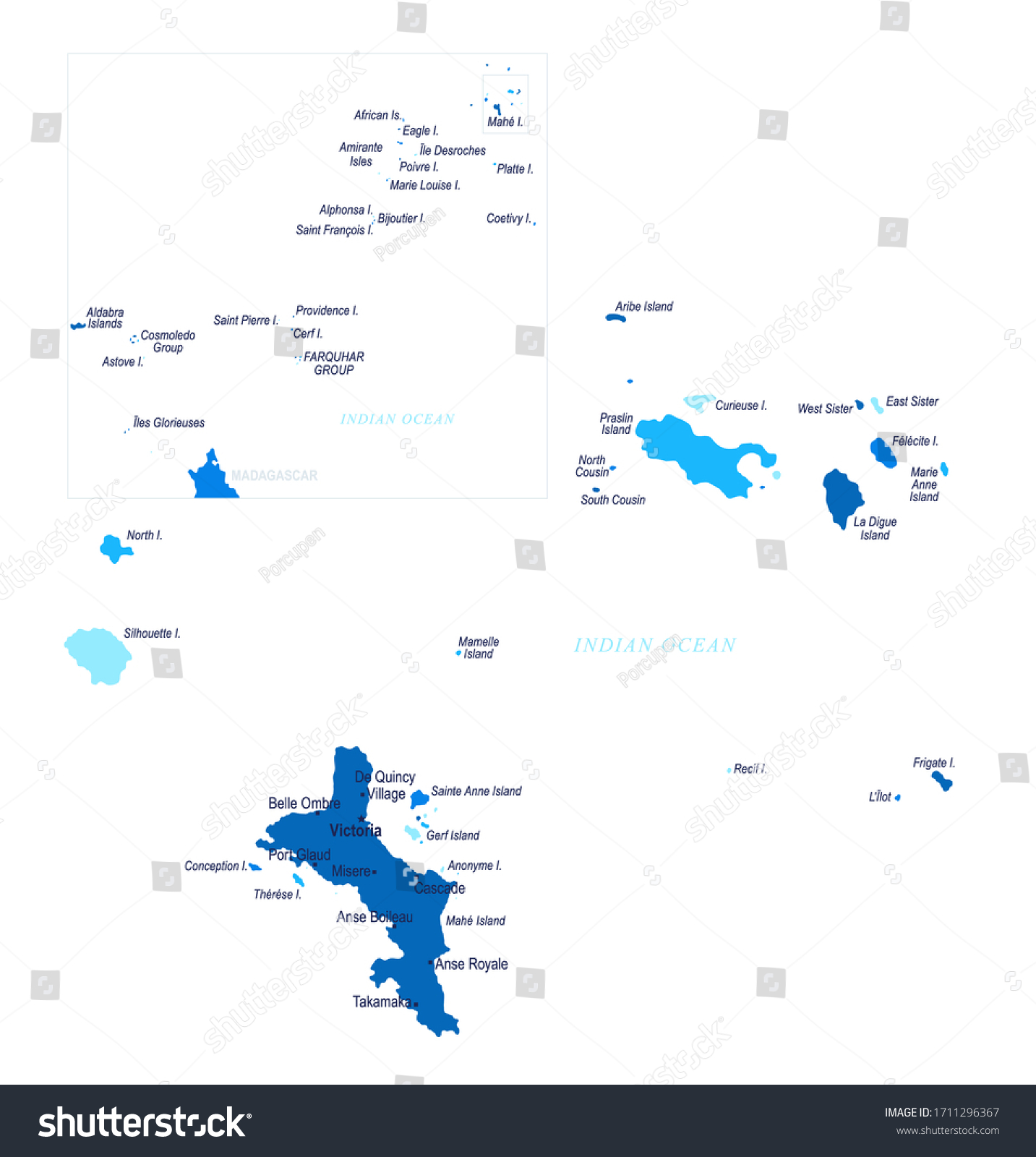 Carte des Seychelles. Villes régions Illustration : image vectorielle ...