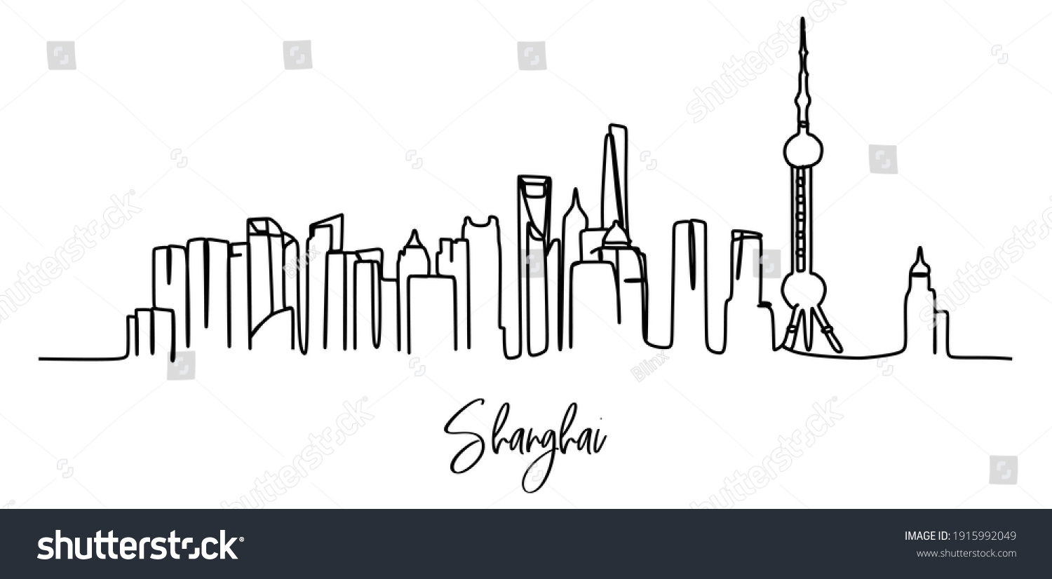 Shanghai Skyline Continuous One Line Drawing Stock Vector (Royalty Free ...