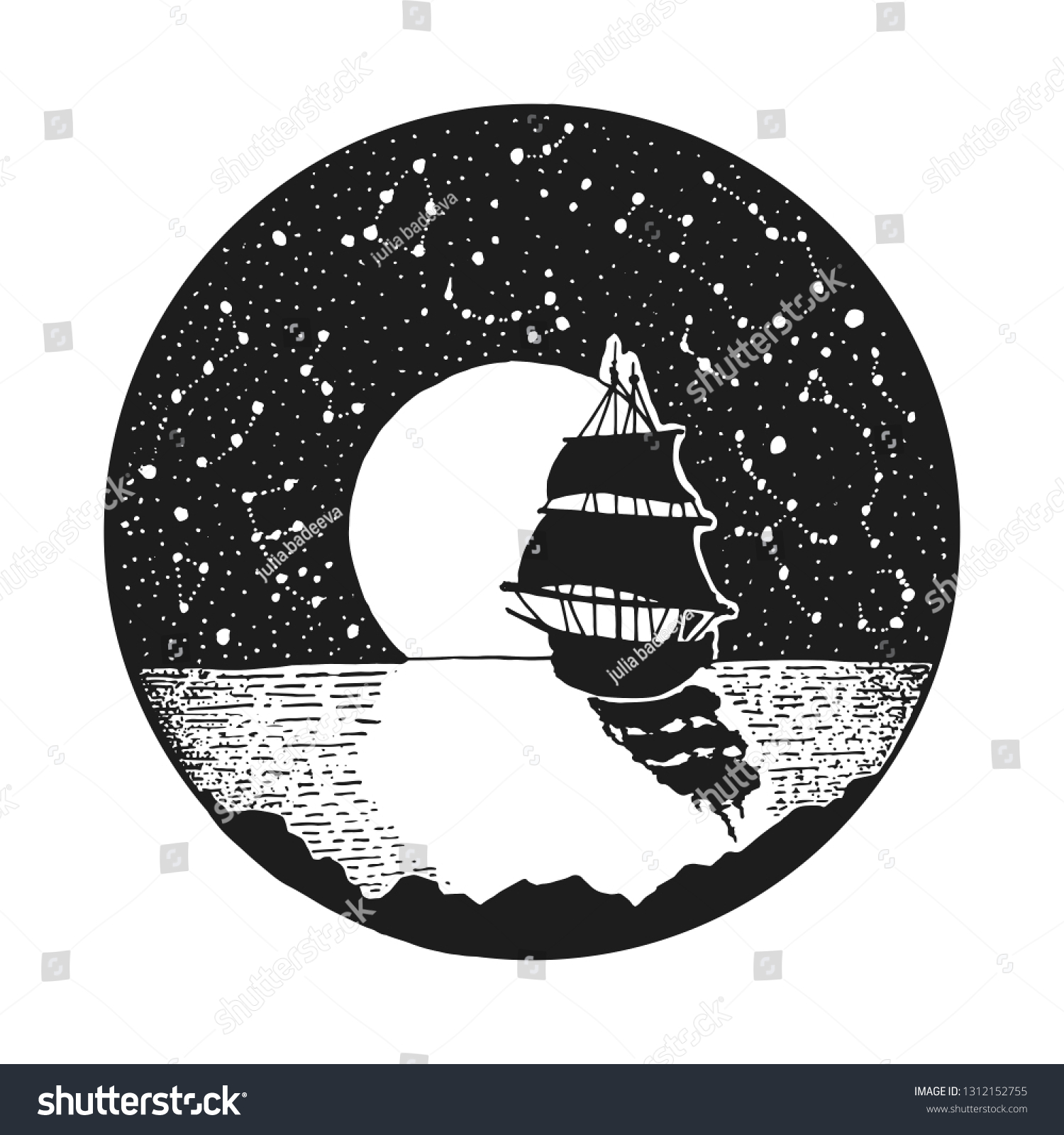 Ship Moon Space Vector Illustration Stock Vector (Royalty Free) 1312152755