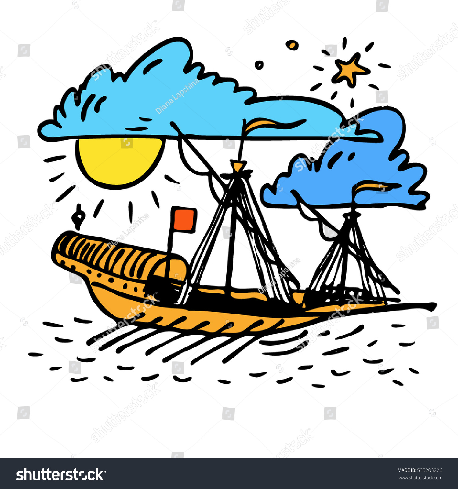 Ship Sea Sun Clouds Vector Graphics Stock Vector (Royalty Free) 535203226