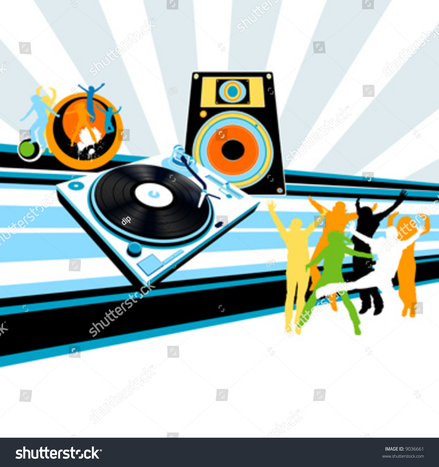 Silhouettes Dancing Turntable Loudspeaker Rays Stock Vector (Royalty ...