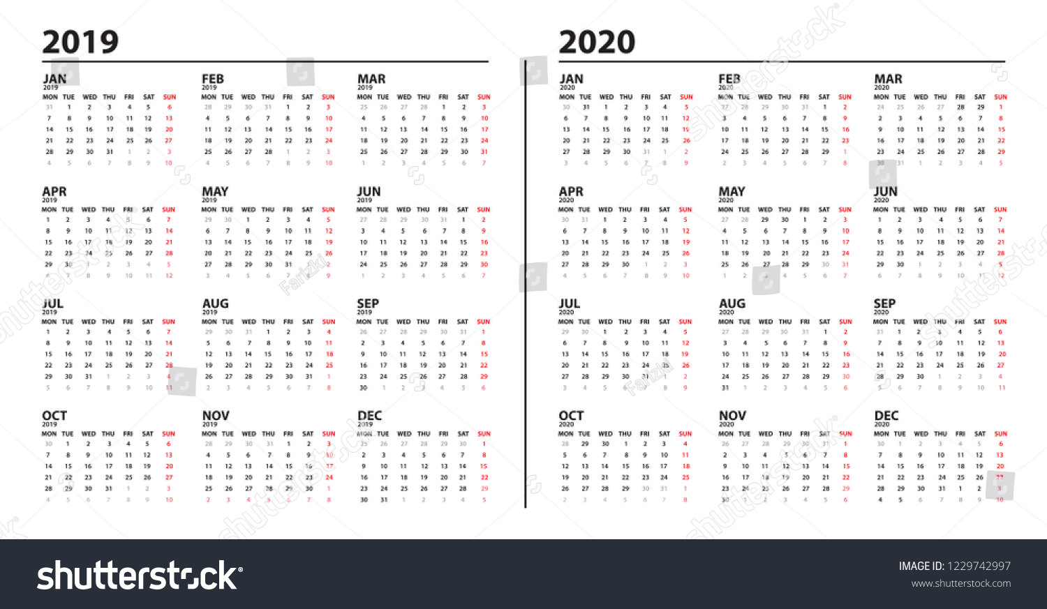 Simple Calendar Template 2019 2020 Years Stock Vector (Royalty Free ...