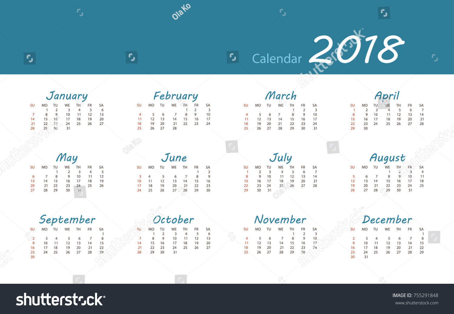 Simple Calendar Template 2018 Vector Illustration Stock Vector (Royalty ...