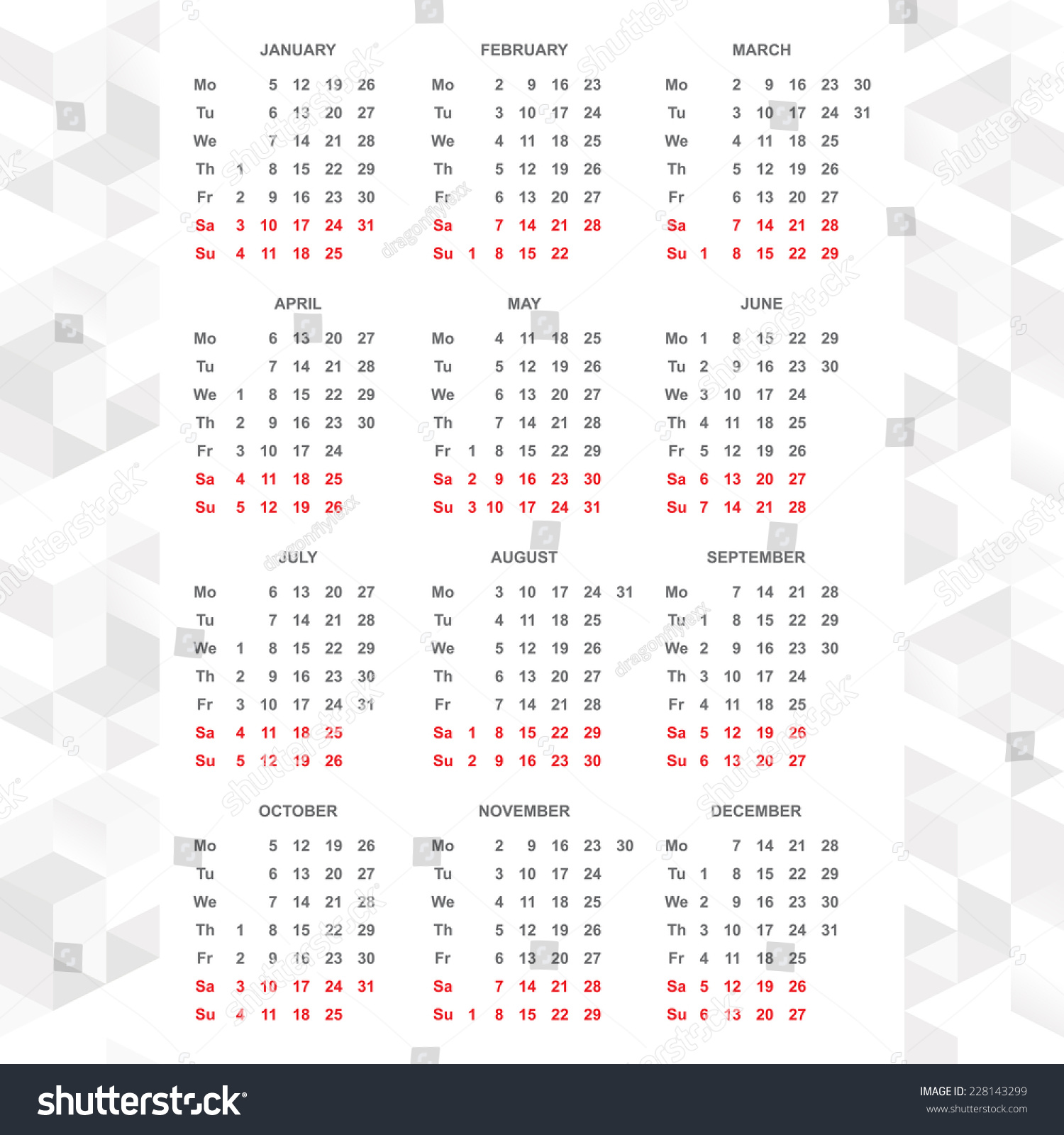 Simple 2015 Calendar Vector Week Starts: vector de stock (libre de ...