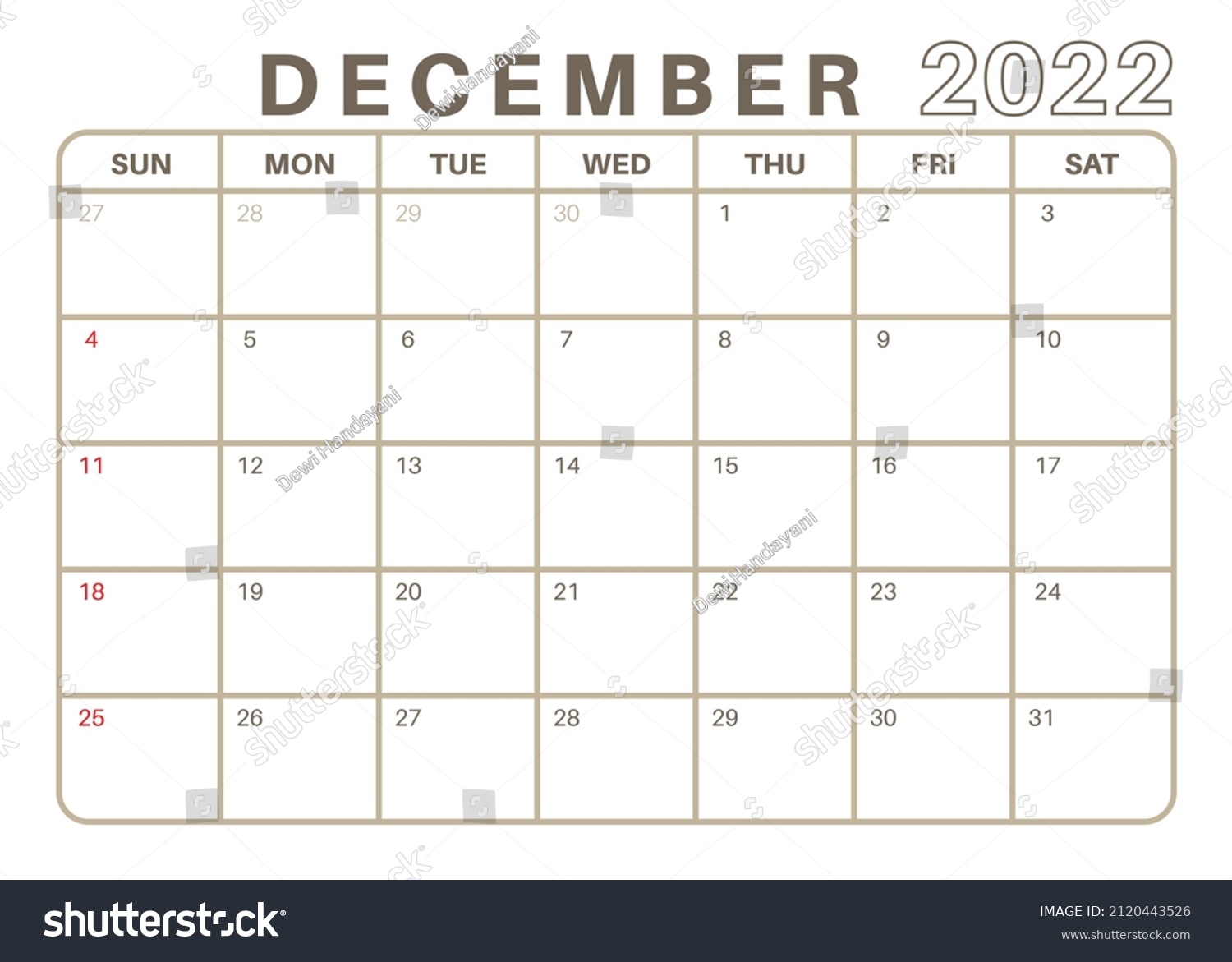 Simple Monthly Calendar December 2022 Stock Vector (Royalty Free ...
