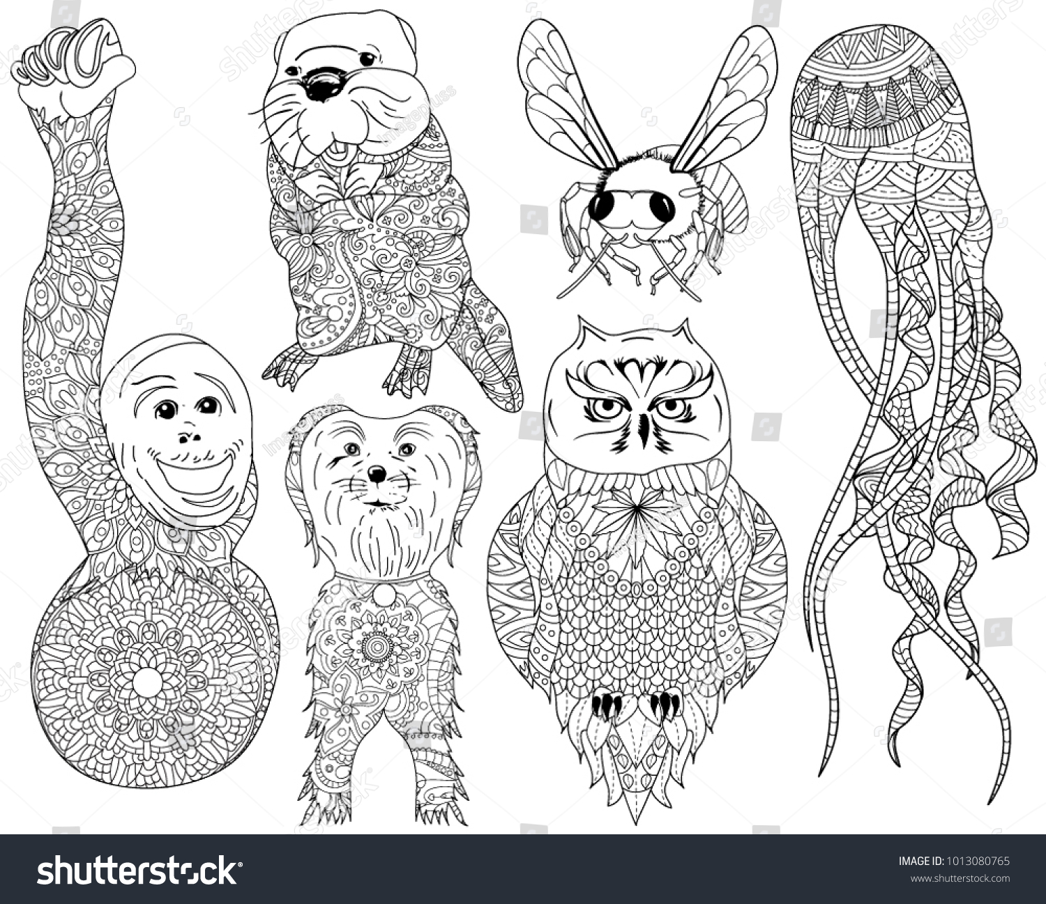 Six Animals Coloring Book Page: vector de stock (libre de regalías ...