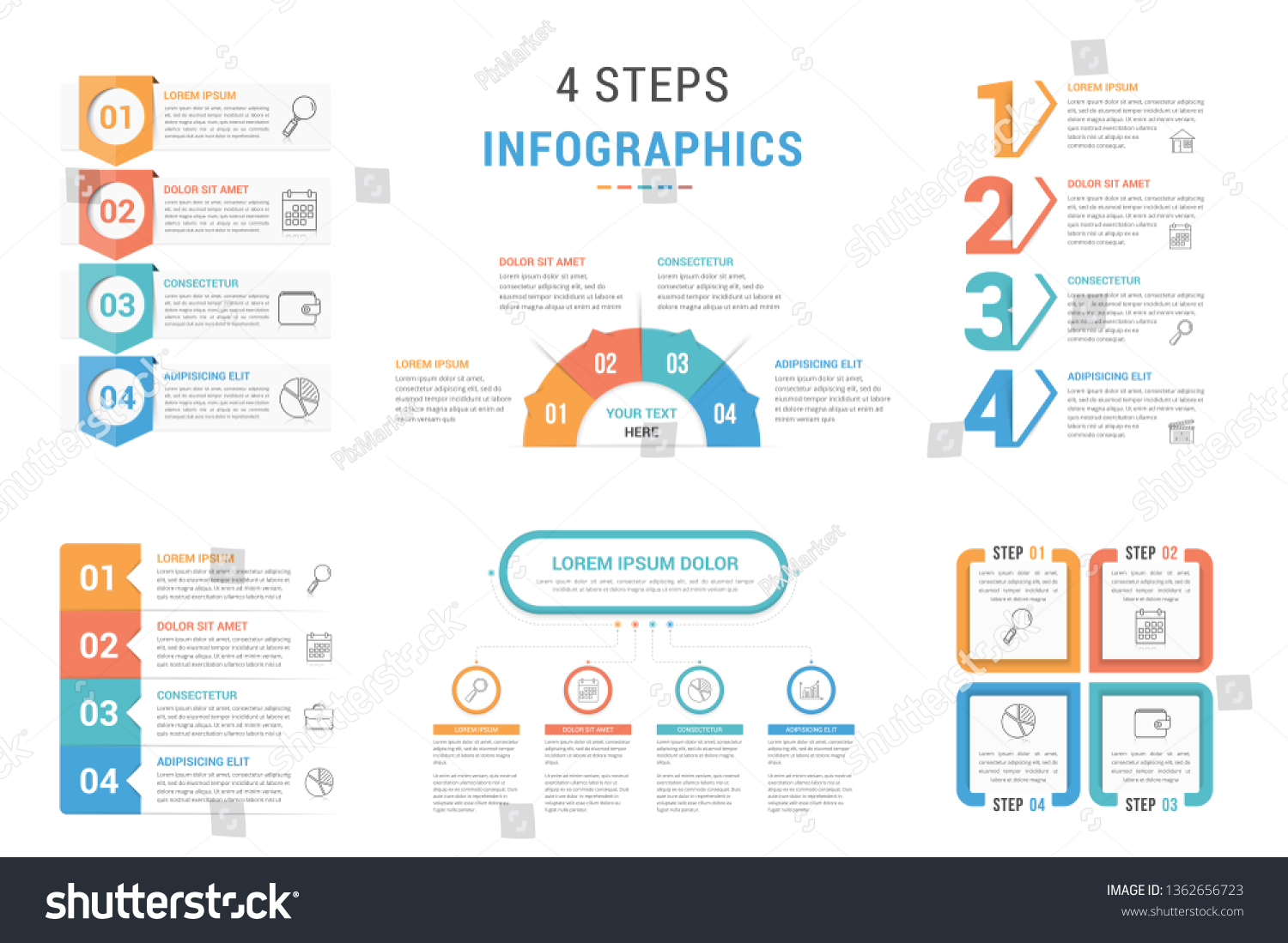 Six Infographics Templates 4 Steps Options: vetor stock (livre de ...