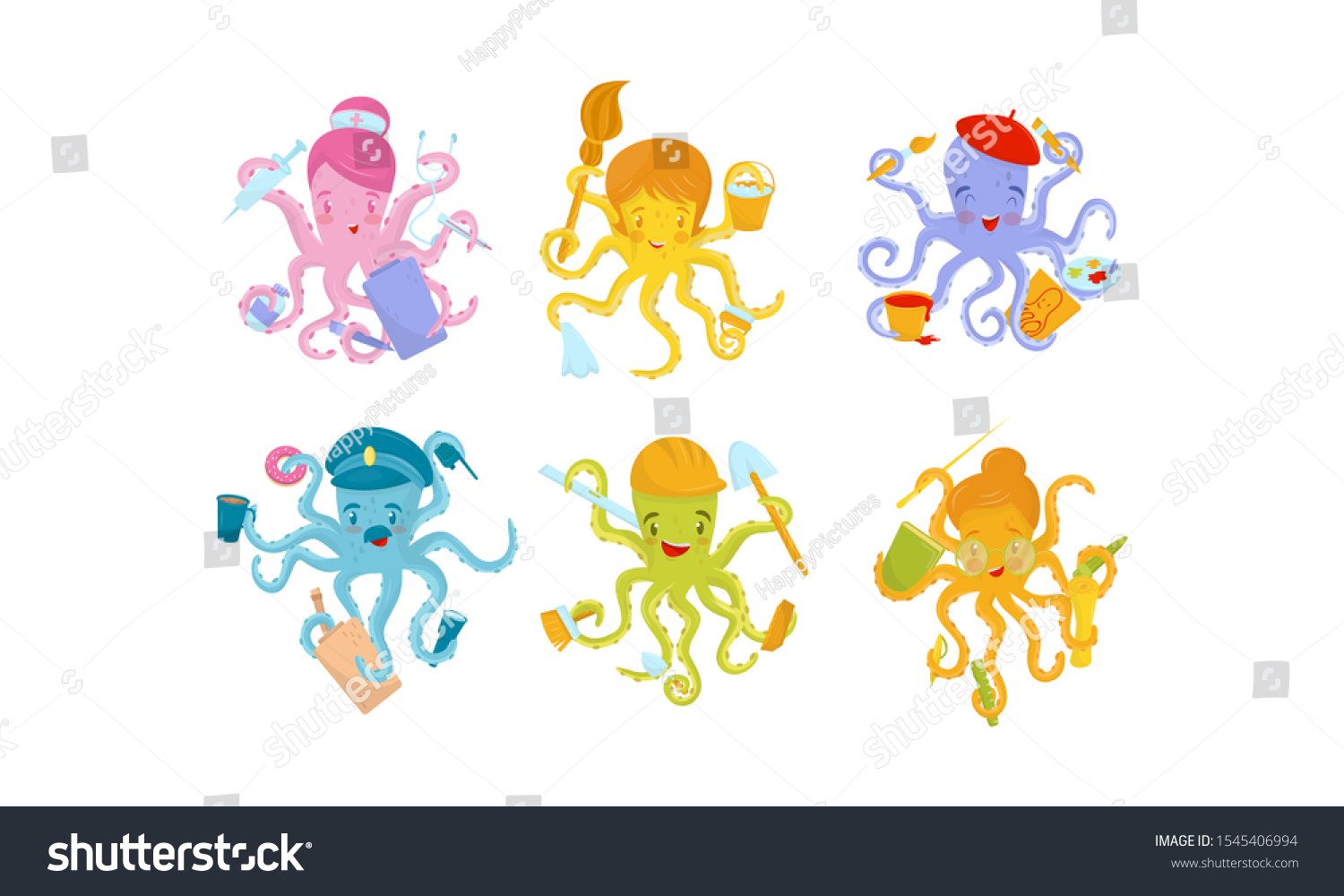 Six Octopuses Engaging Different Occupations Holding Stock Vector ...