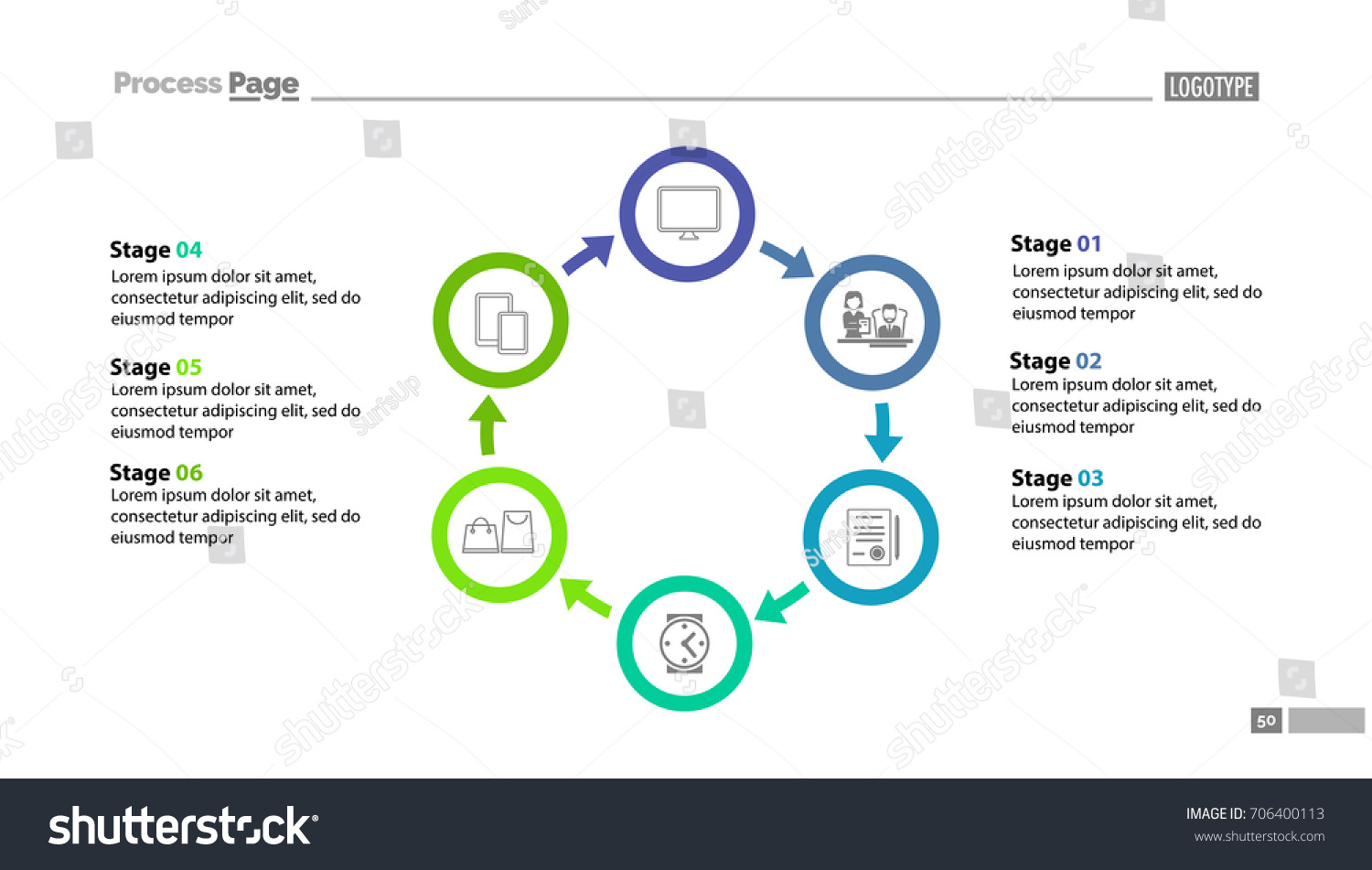 Six Stages Cycled Process Chart Template 스톡 벡터(로열티 프리) 706400113 ...