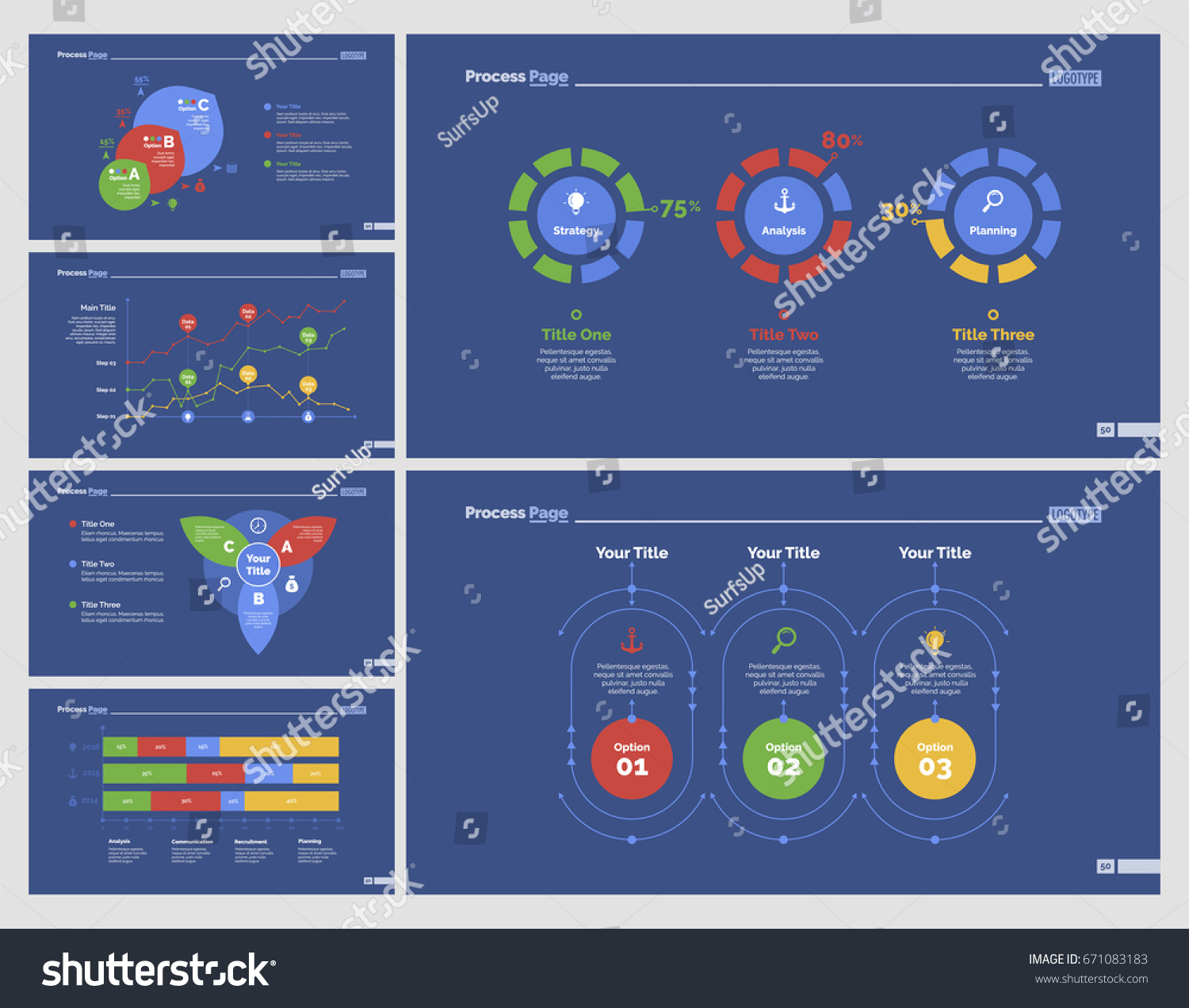 Vektor Stok Six Statistics Charts Slide Templates Set (Tanpa Royalti ...