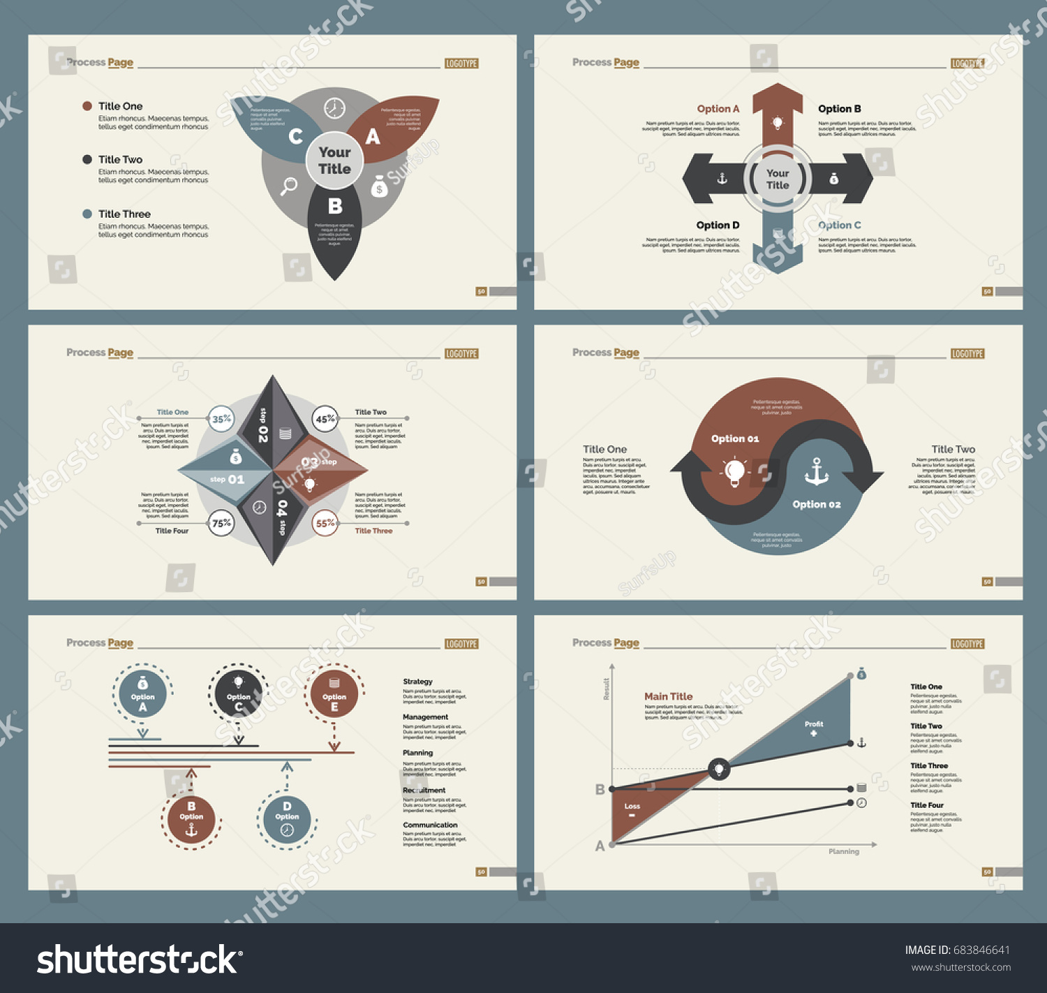 Six Strategy Slide Templates Set Stock Vector (Royalty Free) 683846641