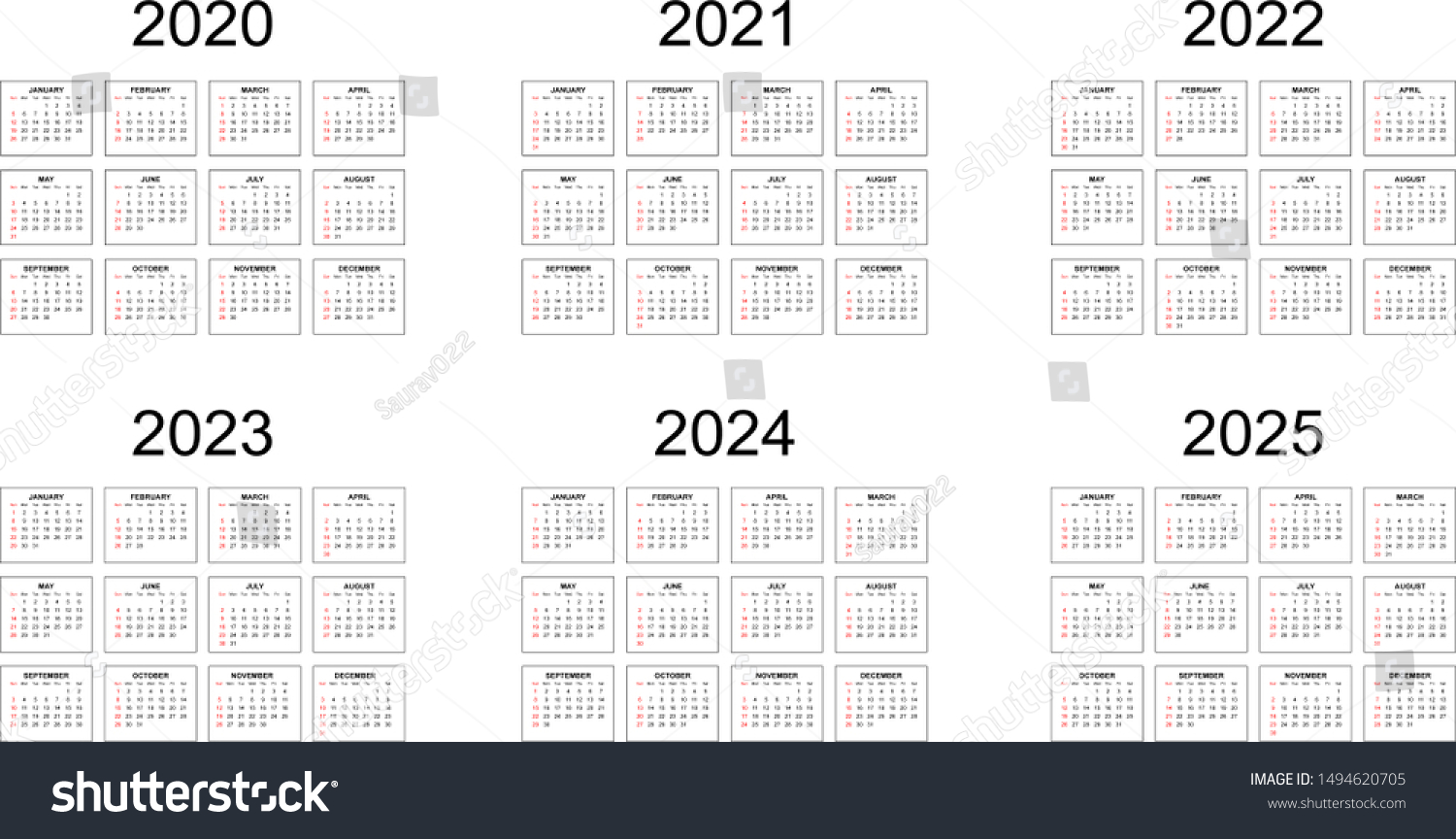 Six Year Calendars 2020 2021 2022 Stock Vector (Royalty Free ...