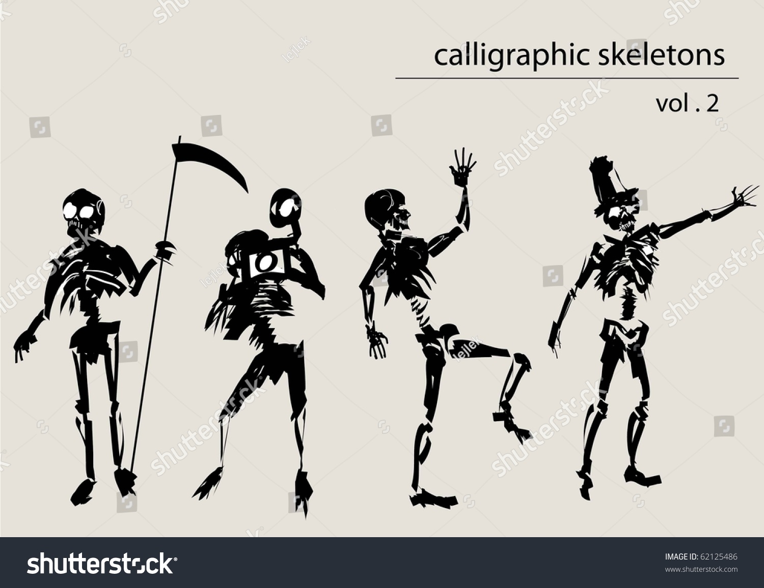 Skeletons Painted Manually Calligraphic Various Techniques Stock Vector ...