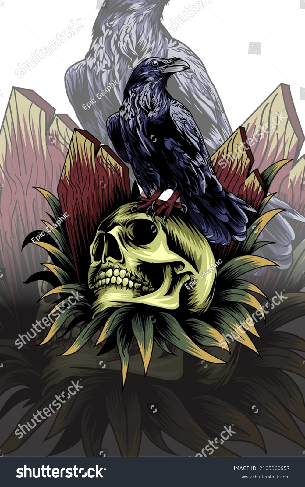 Skull Crow Vector Illustration Stock Vector (Royalty Free) 2105360957