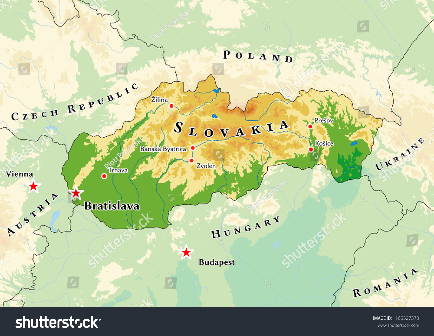 Slovakia Physical Map Stock Vector (Royalty Free) 1165527370 | Shutterstock