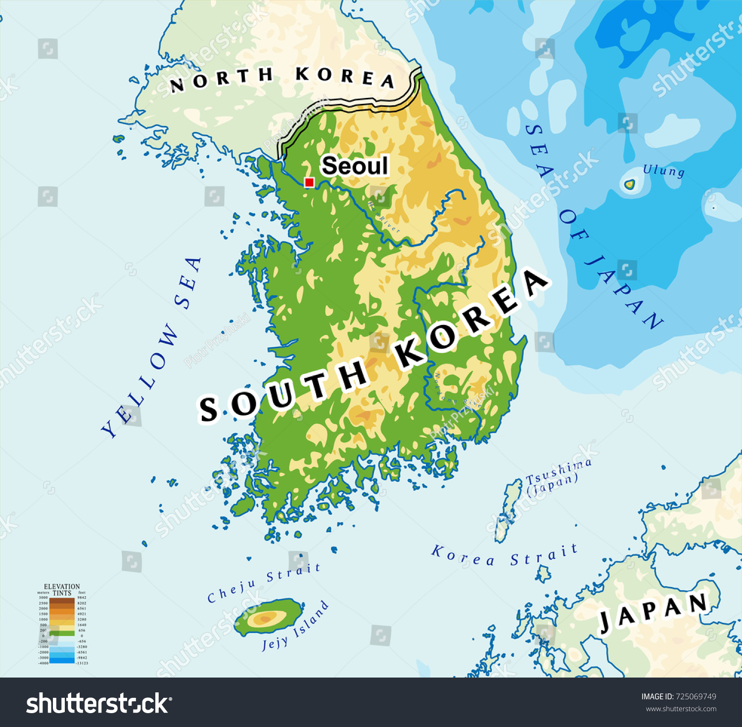 South Korea Physical Map Stock Vector (Royalty Free) 725069749