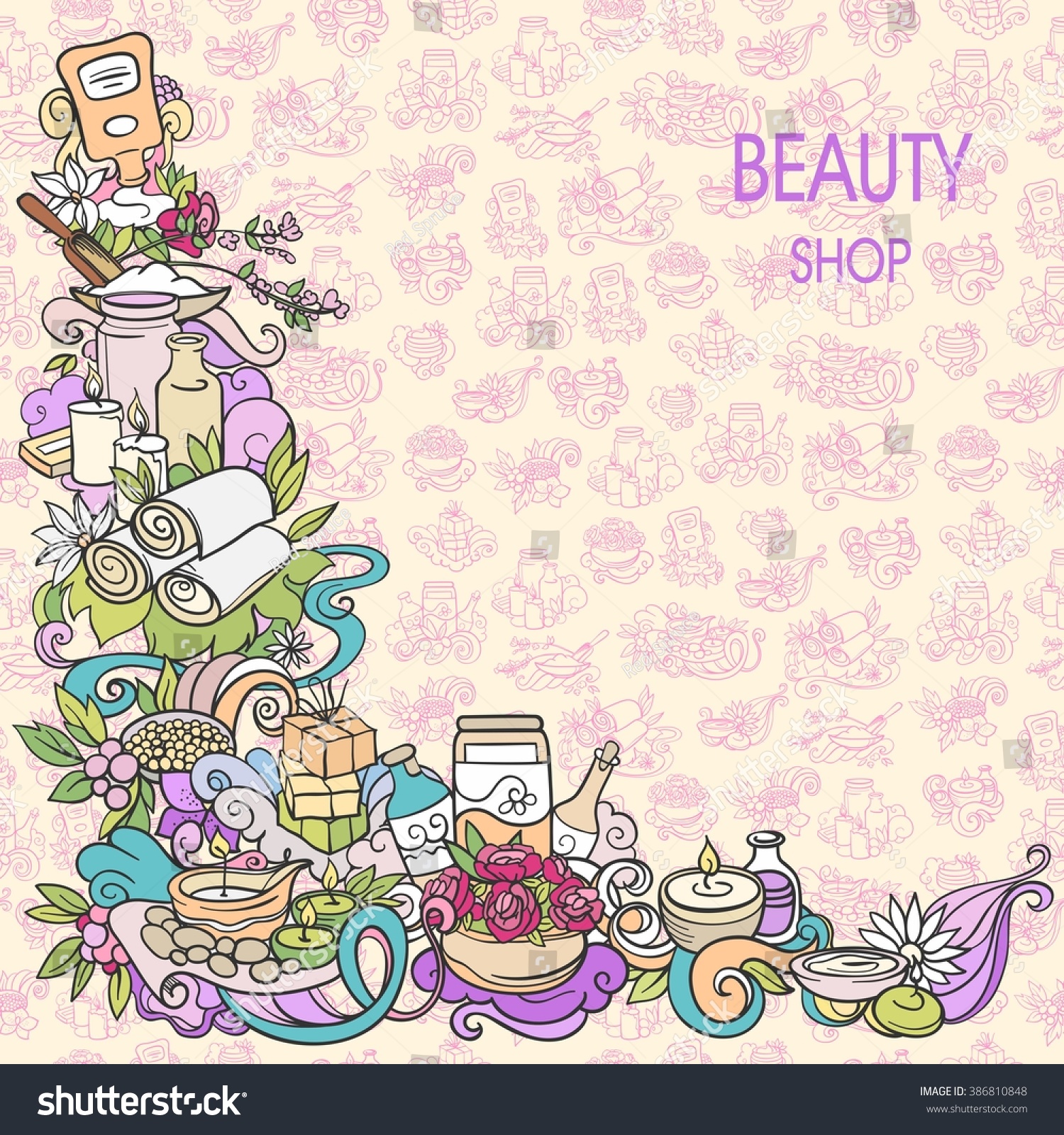 Spa Self Care Doodles Vector Background 스톡 벡터(로열티 프리) 386810848 ...