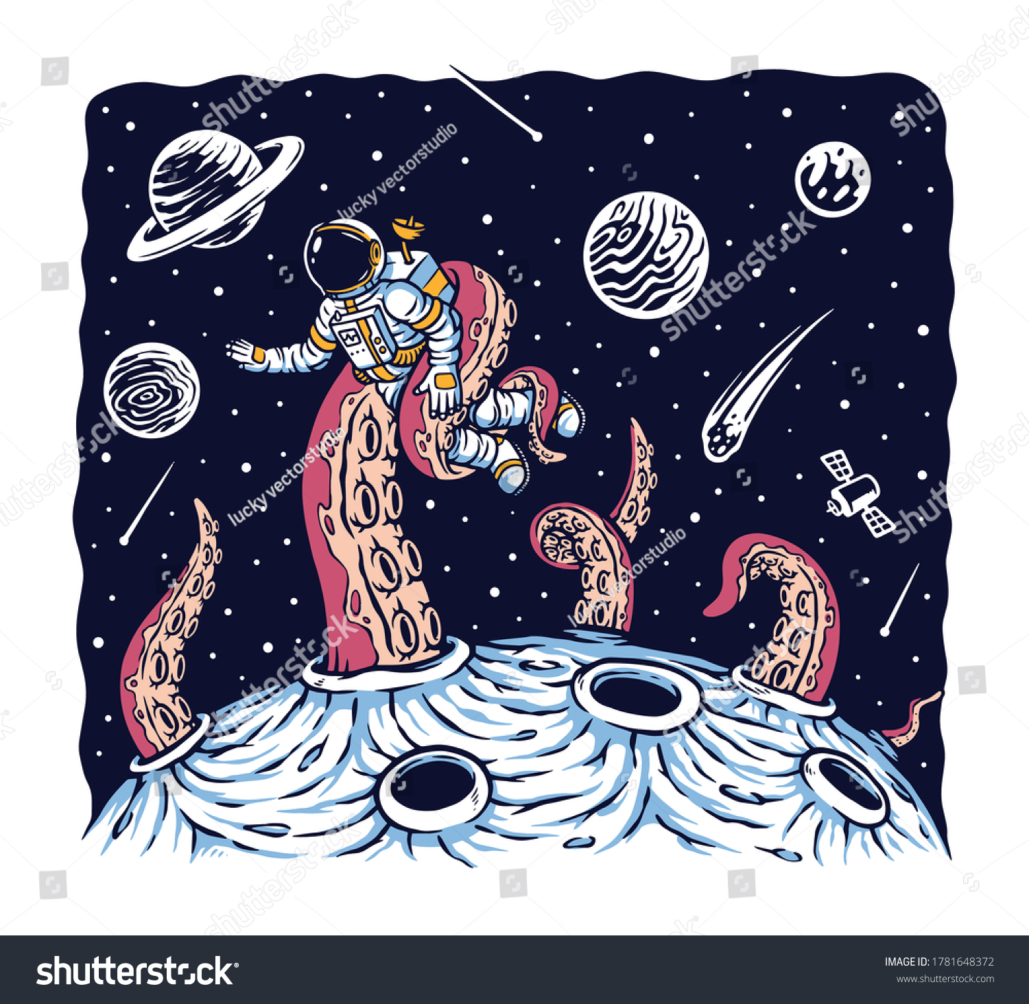 Space Monsters Attack Astronaut Vector Illustration: เวกเตอร์สต็อก ...