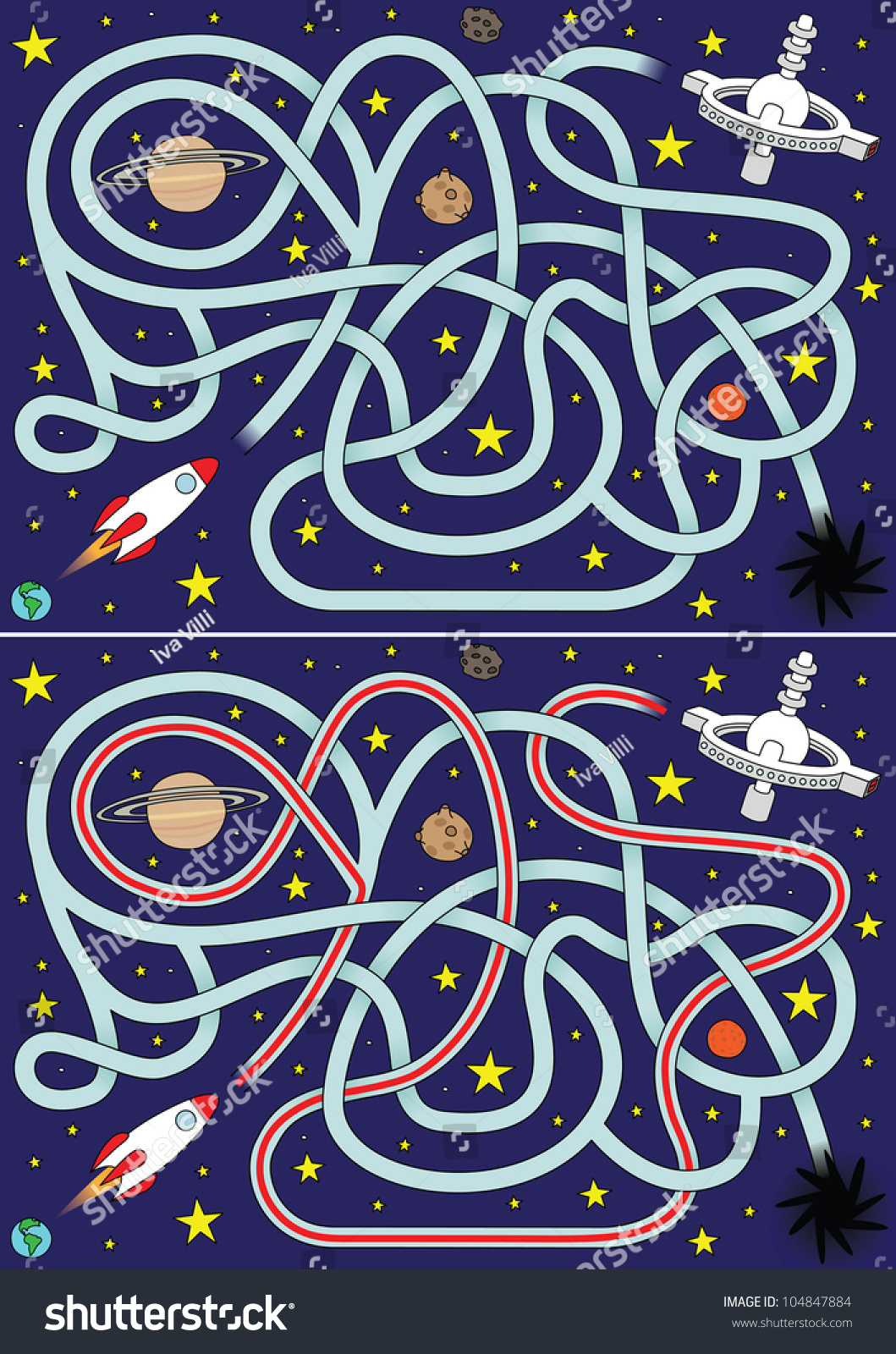 Space Rocket Maze For Kids With A Solution Stock Vector Illustration ...