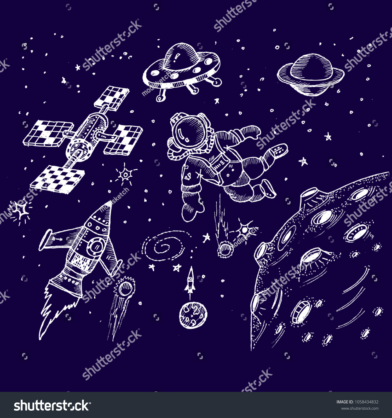 Space Rocket Satelite Doodle Stock Vector (Royalty Free) 1058434832 ...