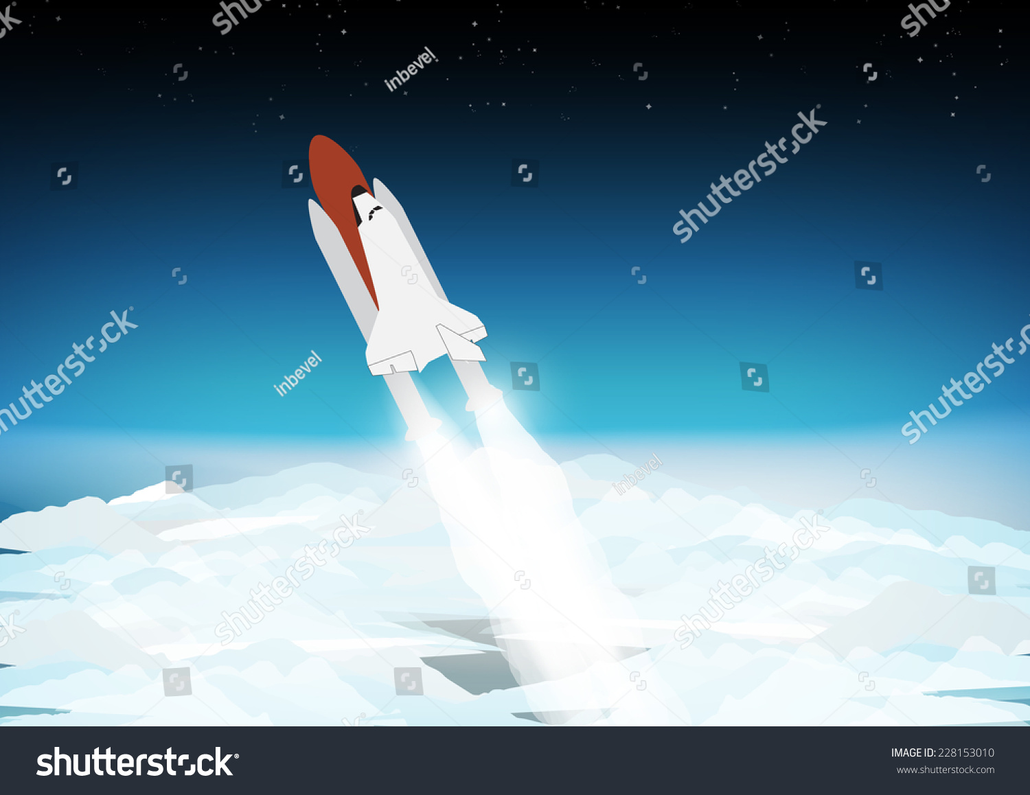 Vektor Stok Space Shuttle Above Clouds Vector Illustration (Tanpa ...