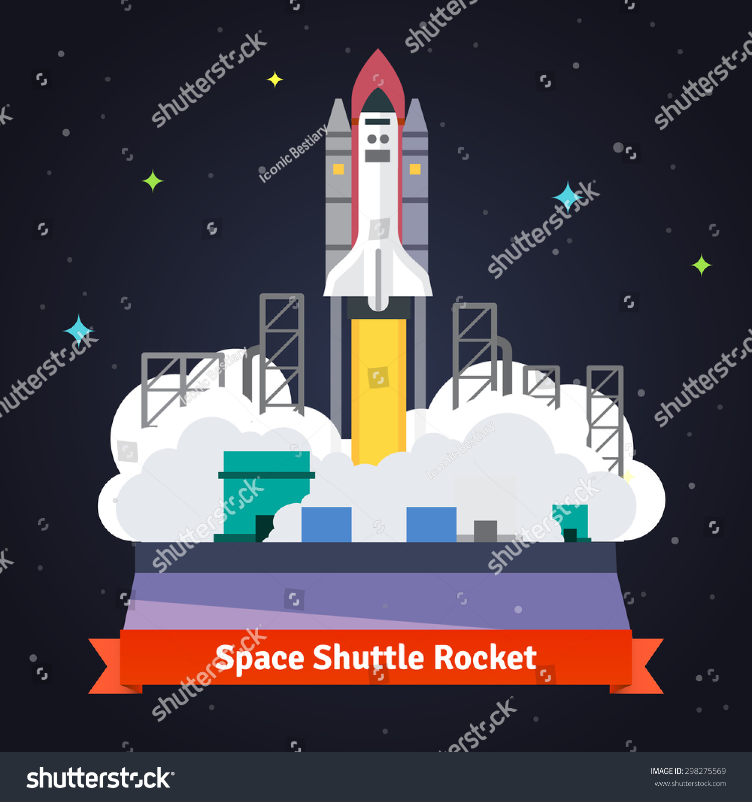 Space Shuttle Rocket Launch Spaceport Flat Stock Vector (Royalty Free ...
