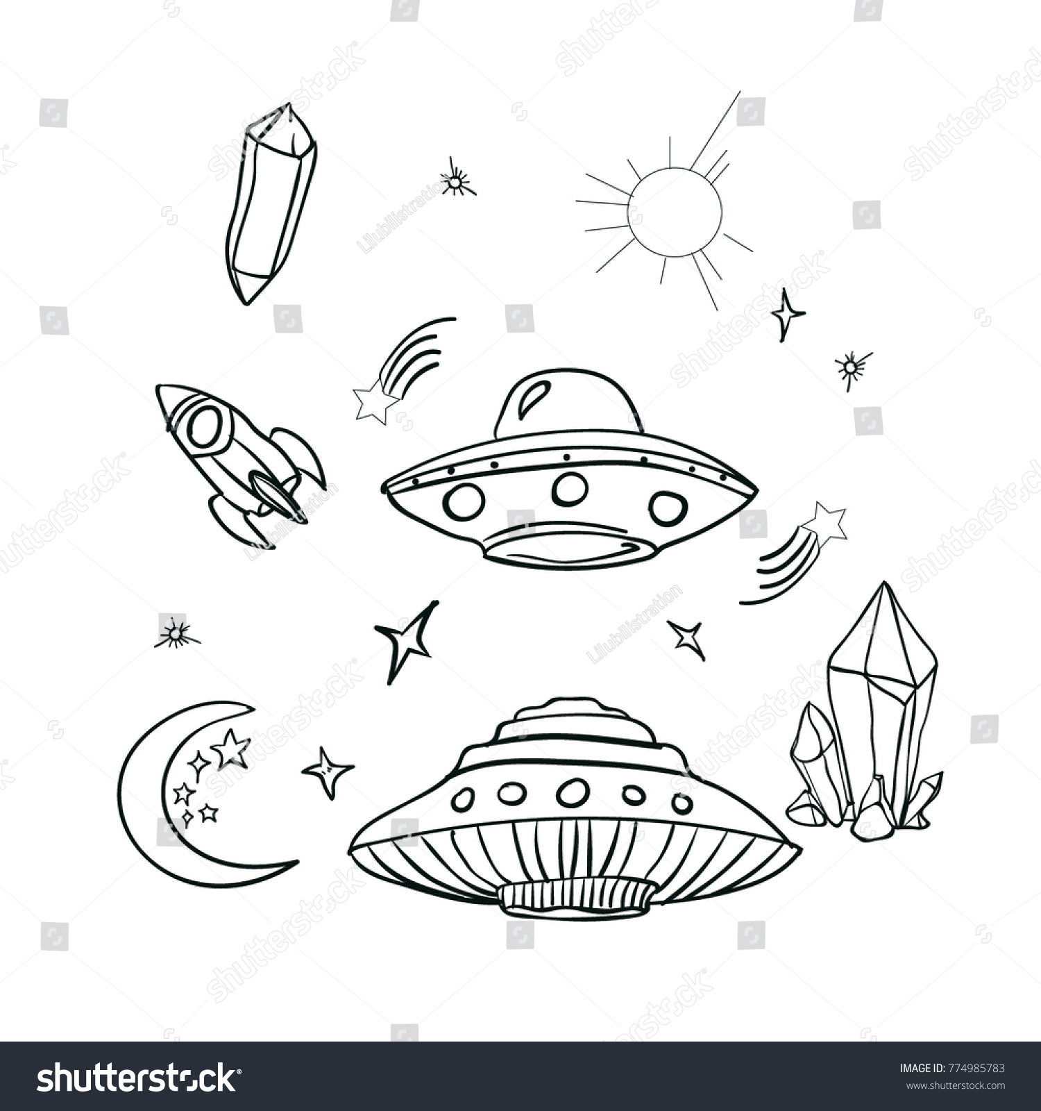 Space Sun Ufo Vector Illustration Drawing Stock Vector (Royalty Free ...