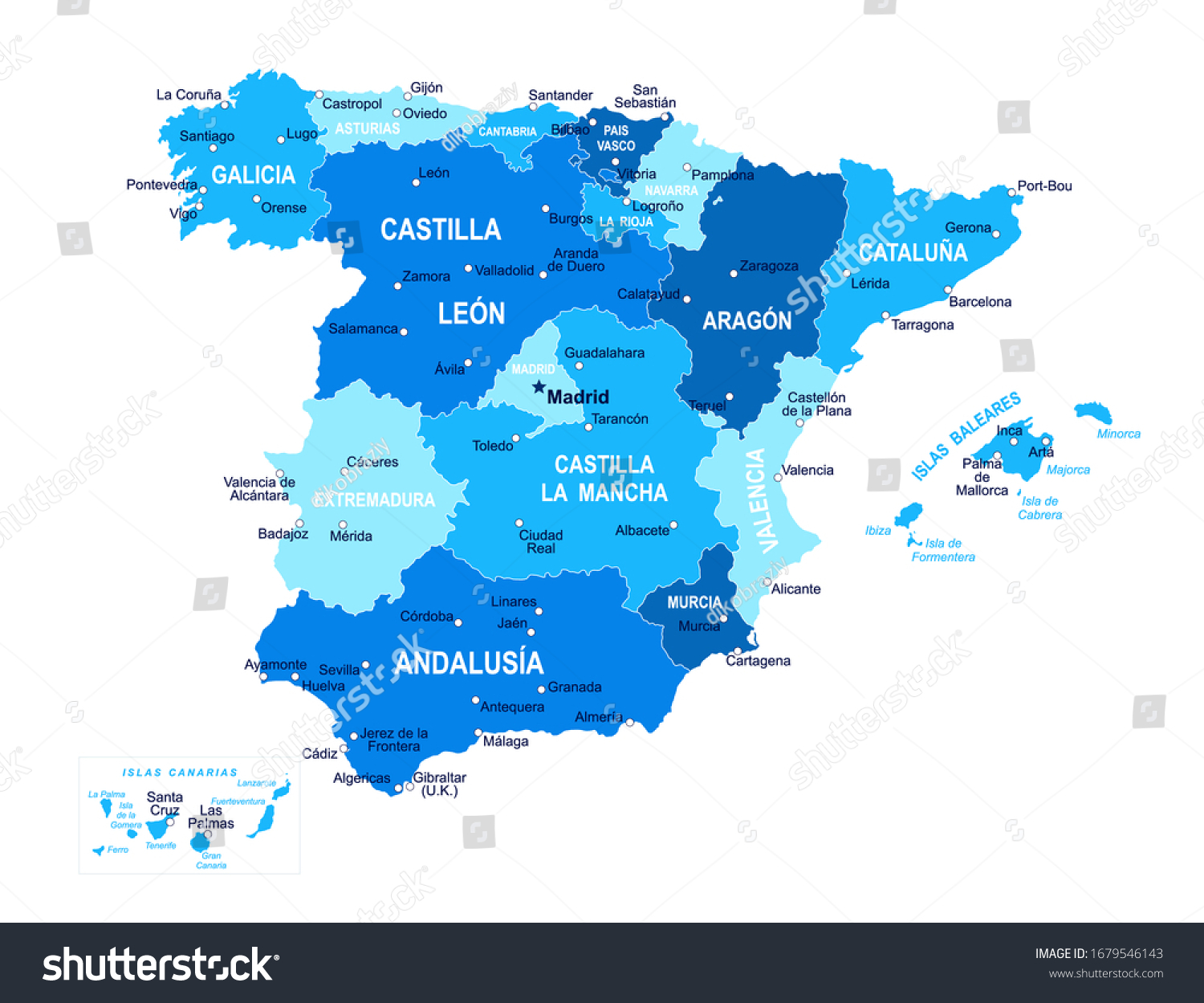 Spain Map Cities Regions Vector Illustration Stock Vector (Royalty Free ...