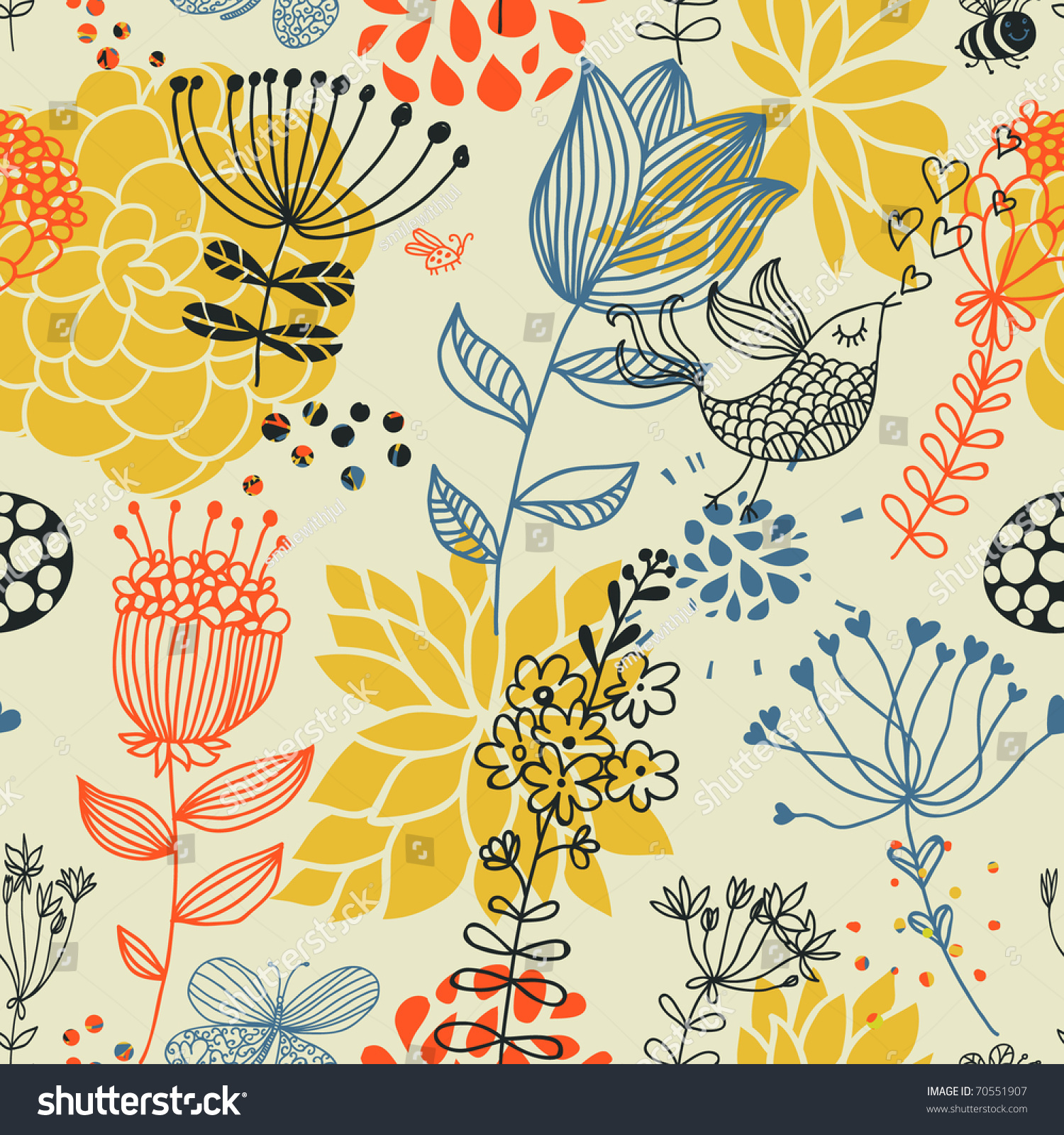 Spring Floral Design Pattern Birds Stock Vector (Royalty Free) 70551907