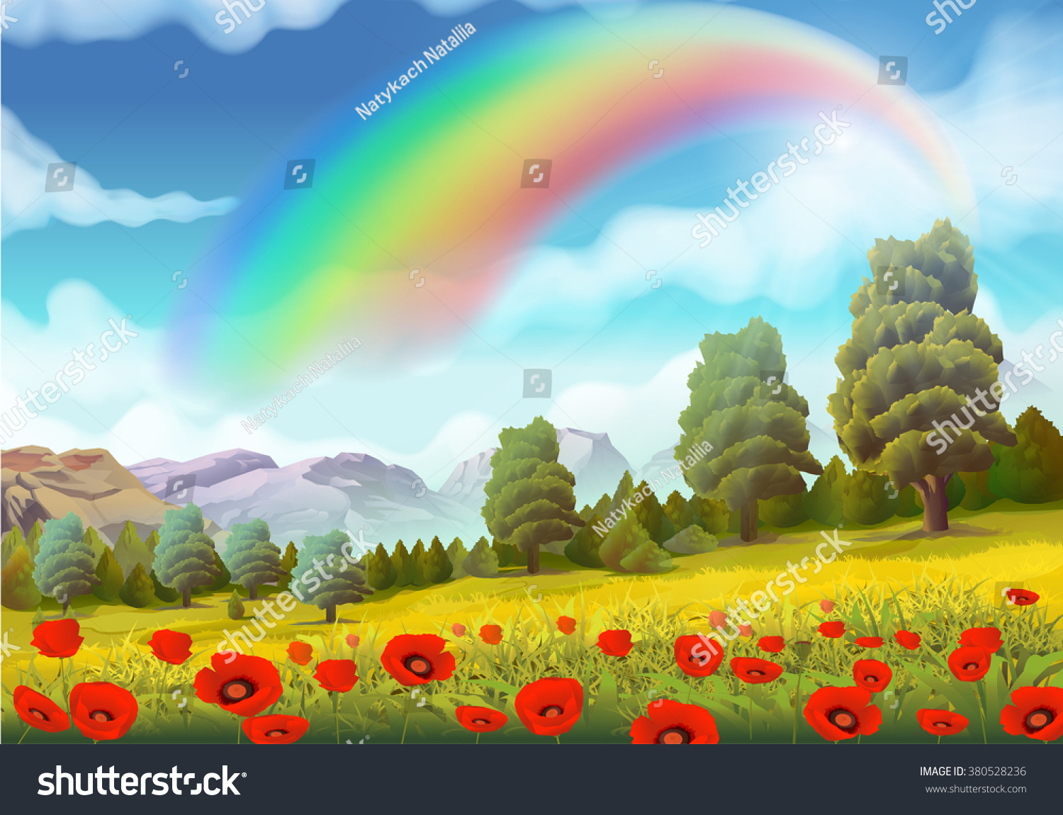 Spring Landscape Poppies Rainbow Vector Background Stock Vector ...