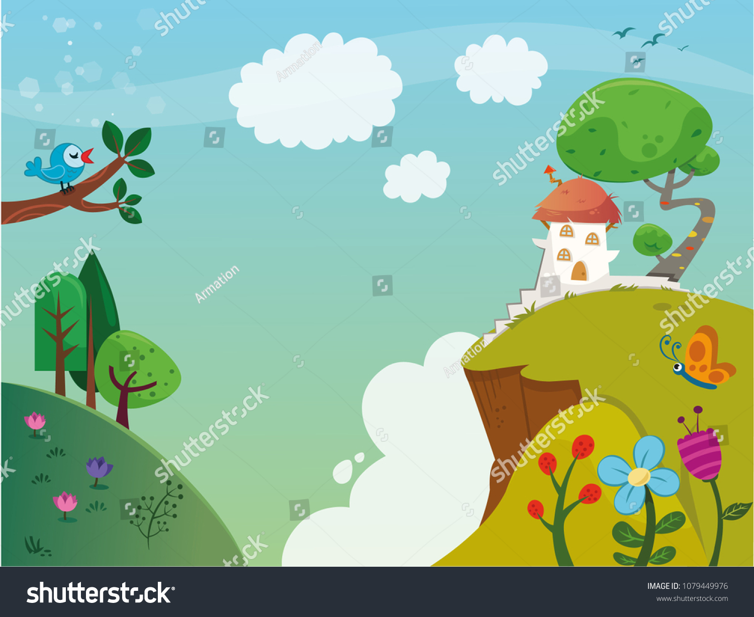 Spring Landscape Vector Illustration Cartoon Style Stock Vector ...