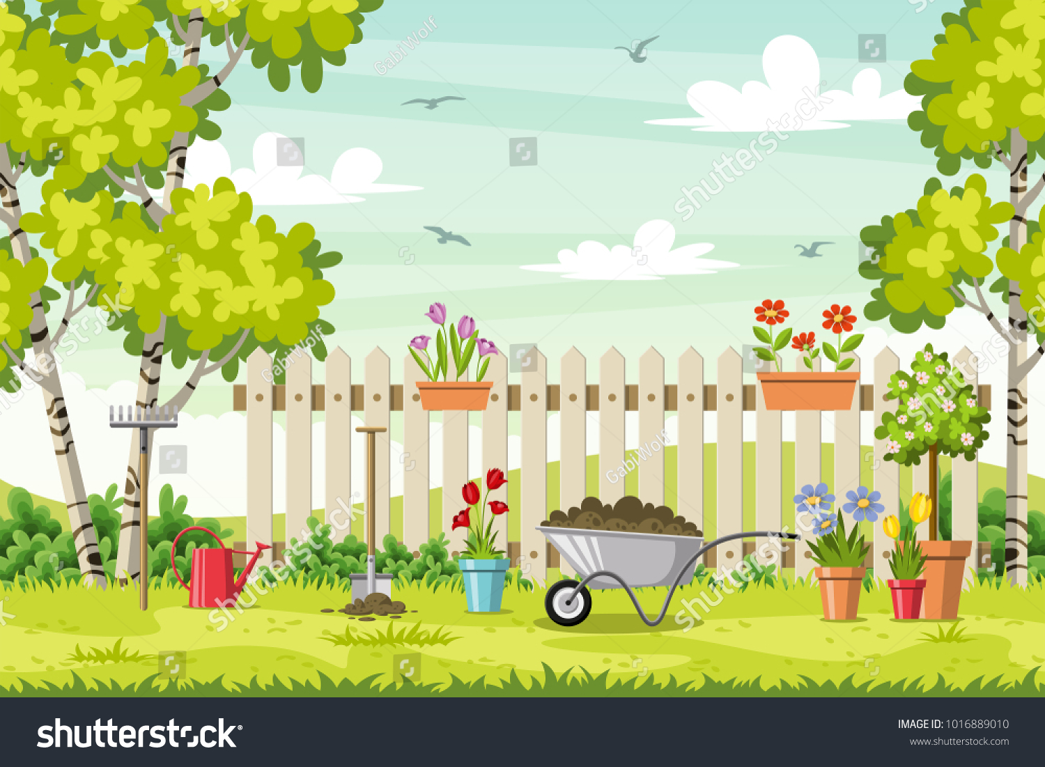 Spring Landscape Garden Tools Stock Vector (Royalty Free) 1016889010 ...