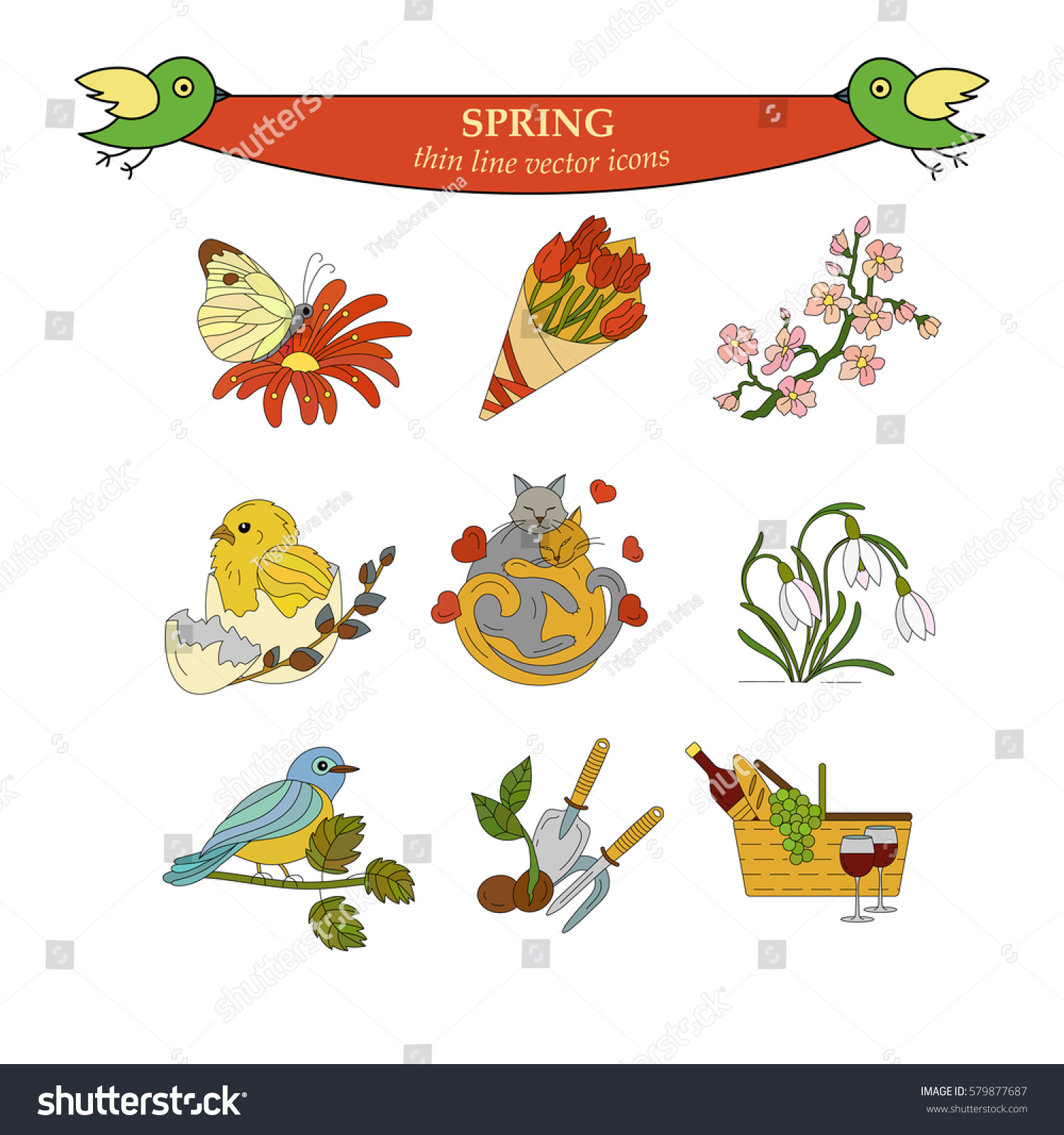 Spring Thin Line Colored Vector Icons Stock Vector (Royalty Free ...