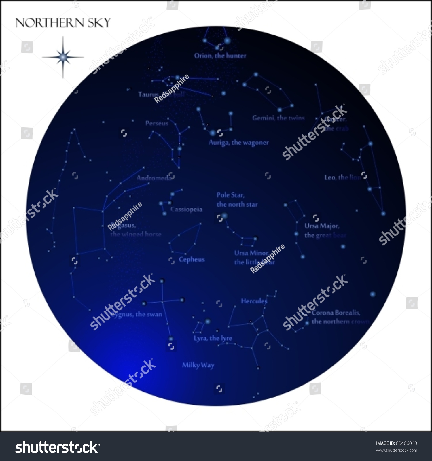 Star Map Northern Sky Constellations Stock Vector (Royalty Free) 80406040