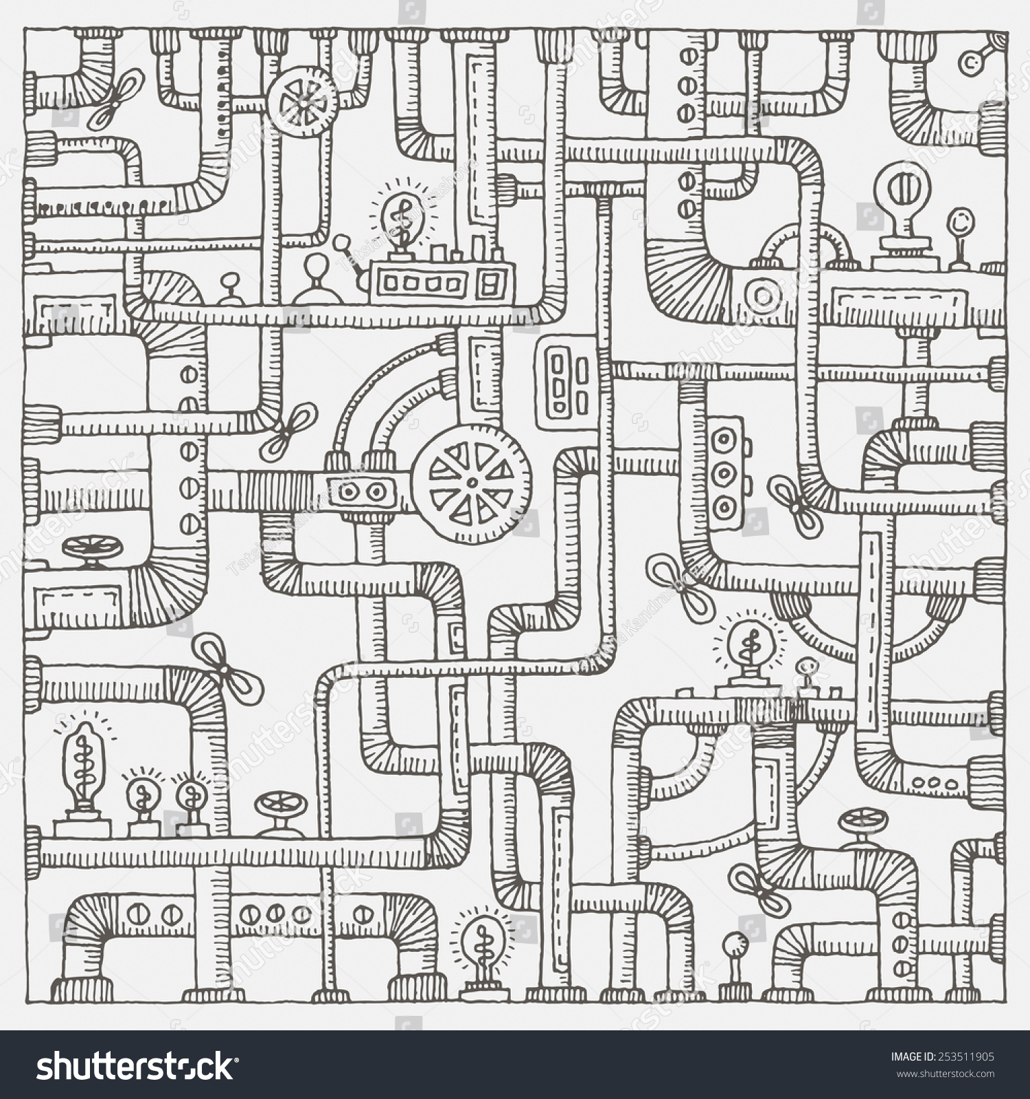 Steampunk Doodle Background Vector Illustration: เวกเตอร์สต็อก (ปลอดค่าลิขสิทธิ์) 253511905