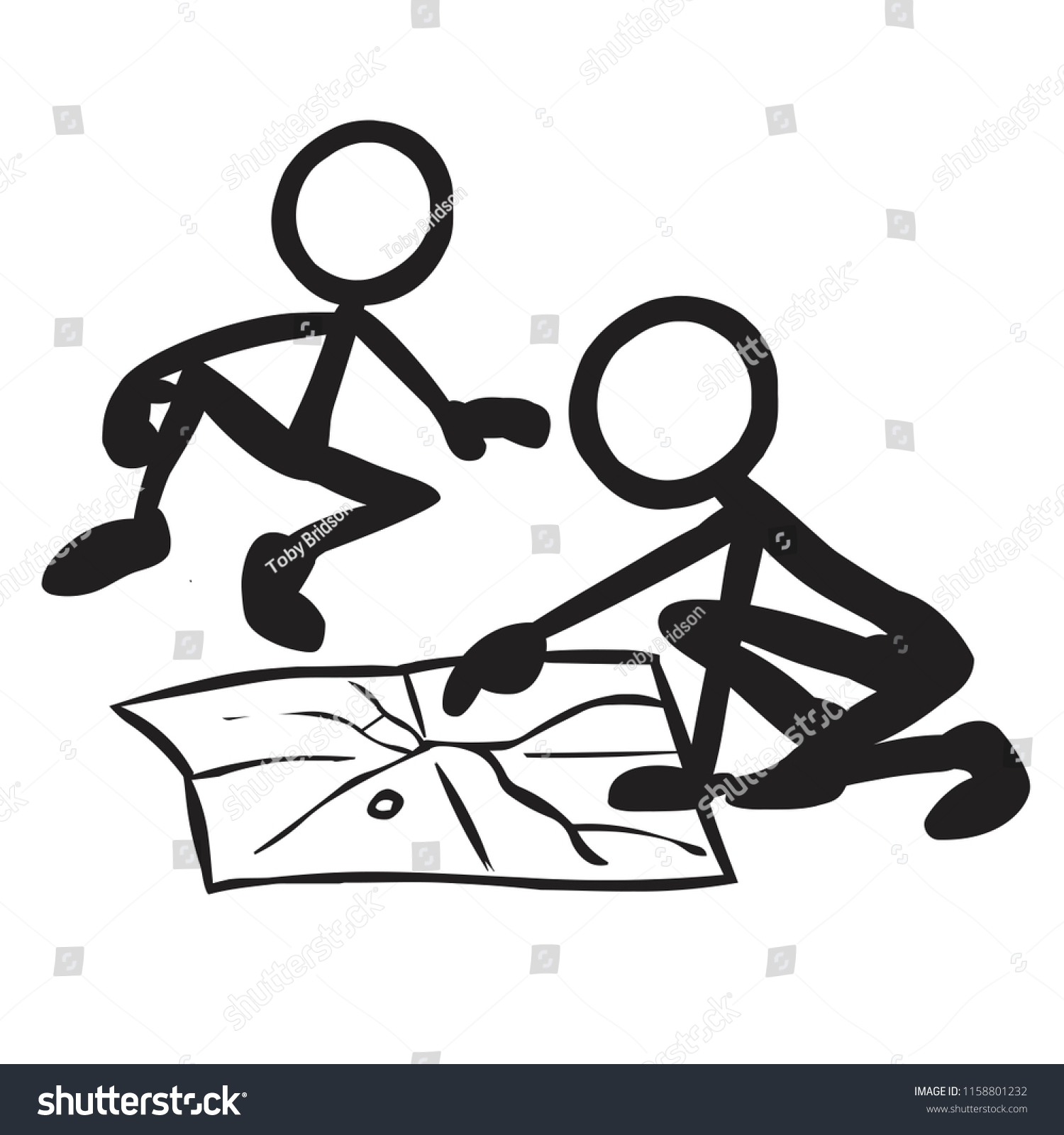 Stick Figure Reading Map: vector de stock (libre de regalías) 1158801232