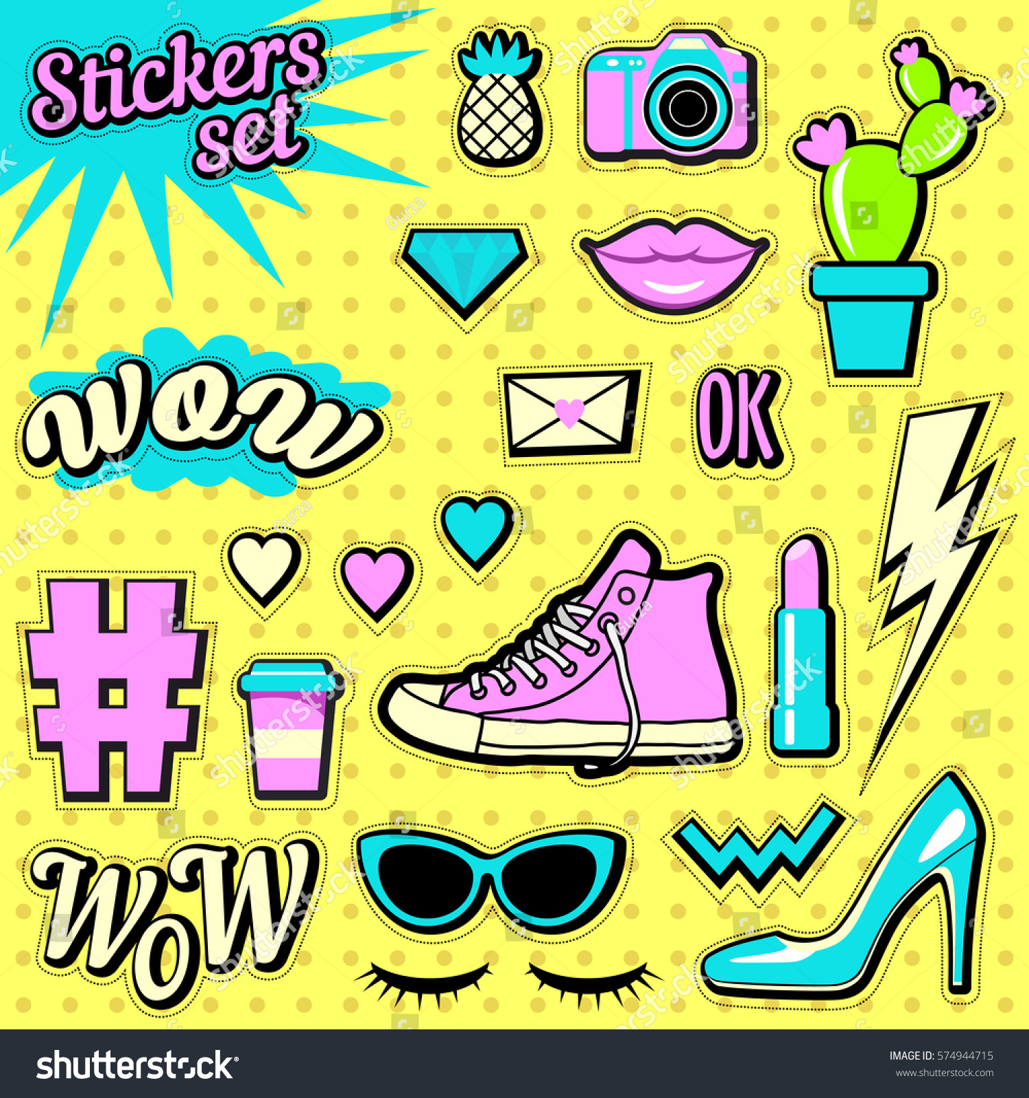 Stickers Set 90s Cartoon Patch Badges Stock Vector (Royalty Free) 574944715