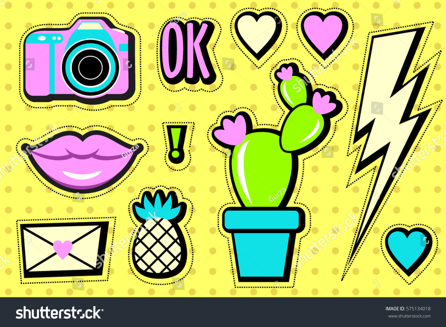 Vektor Stok Stickers Set 90s Cartoon Patch Badges (Tanpa Royalti ...