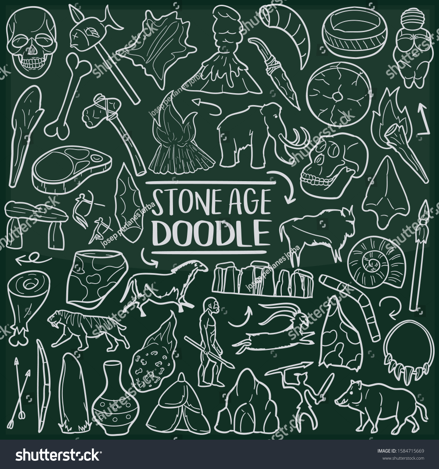 Stone Age Prehistoric Chalkboard Doodle Icons Stock Vector Royalty