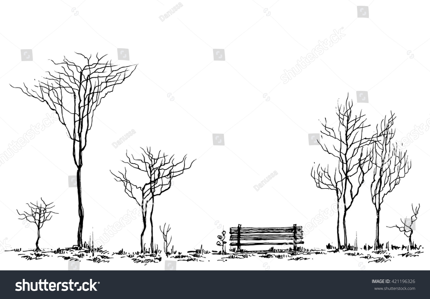 Vektor Stok Stylized Park Decor Bench Trees Drawing (Tanpa Royalti ...