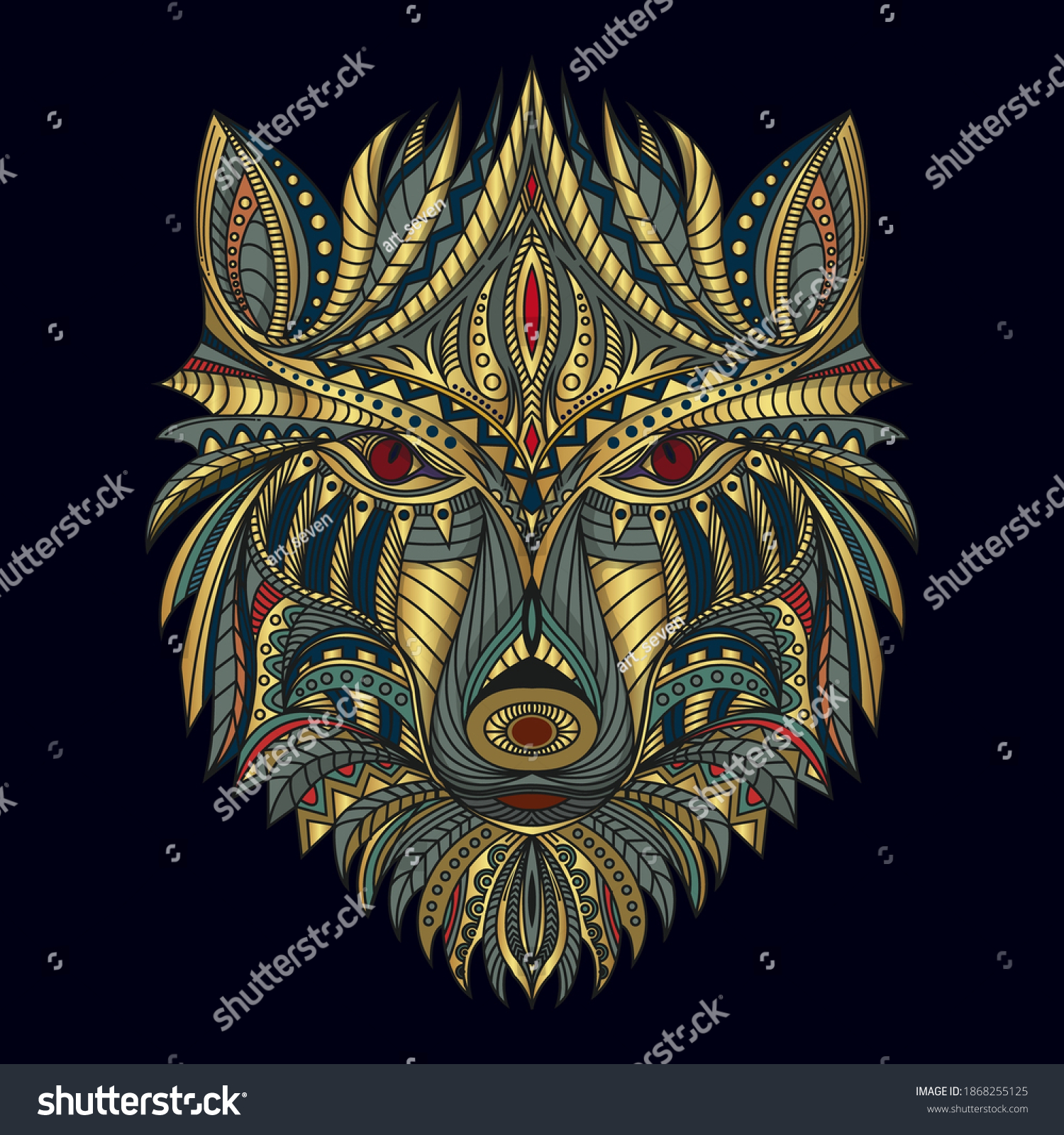 Stylized Wolf Ethnic Vector Black Background 库存矢量图（免版税）1868255125 ...