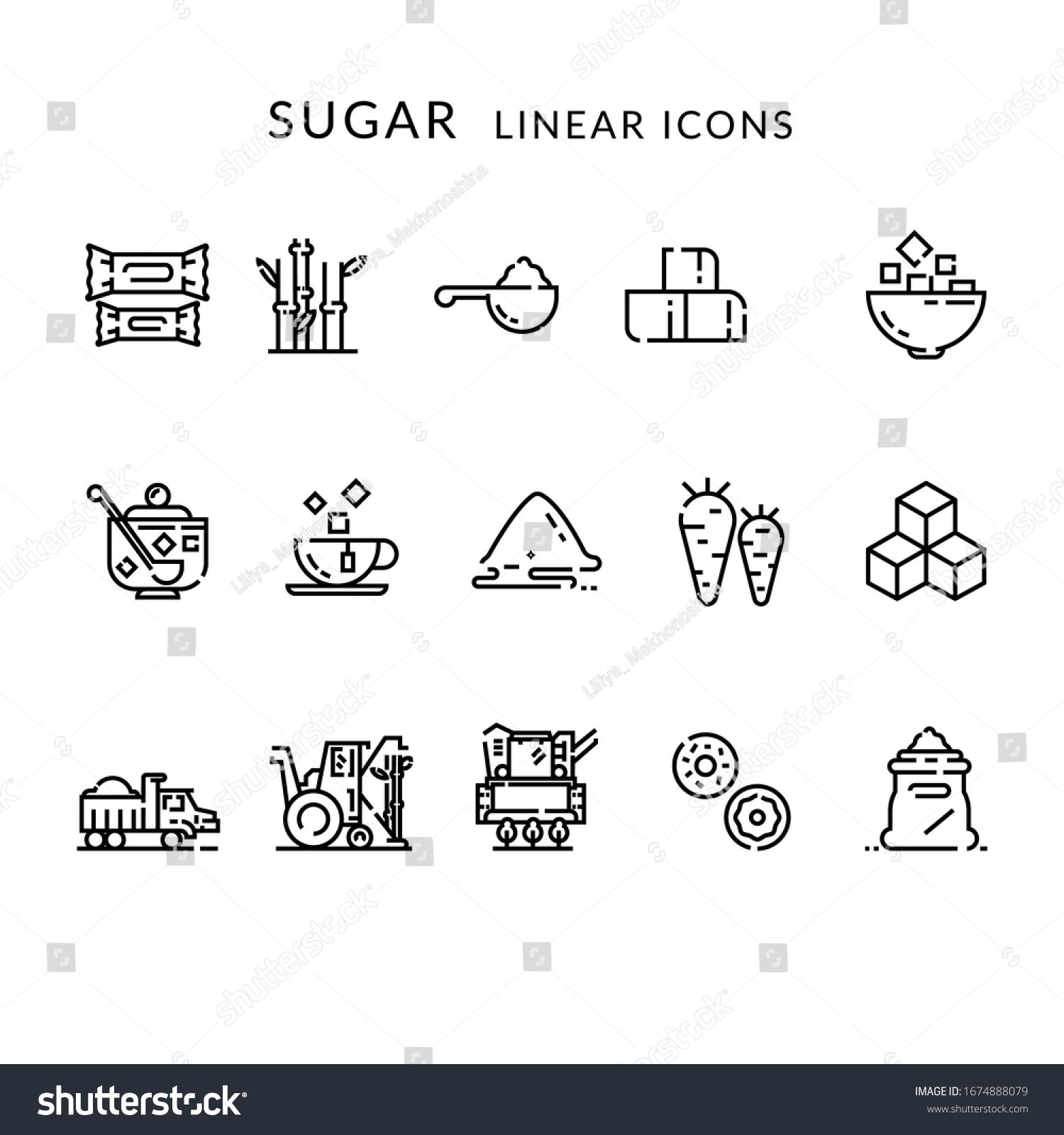 Sugar Production Growing Processing Linear Icons Stock Vector (Royalty ...