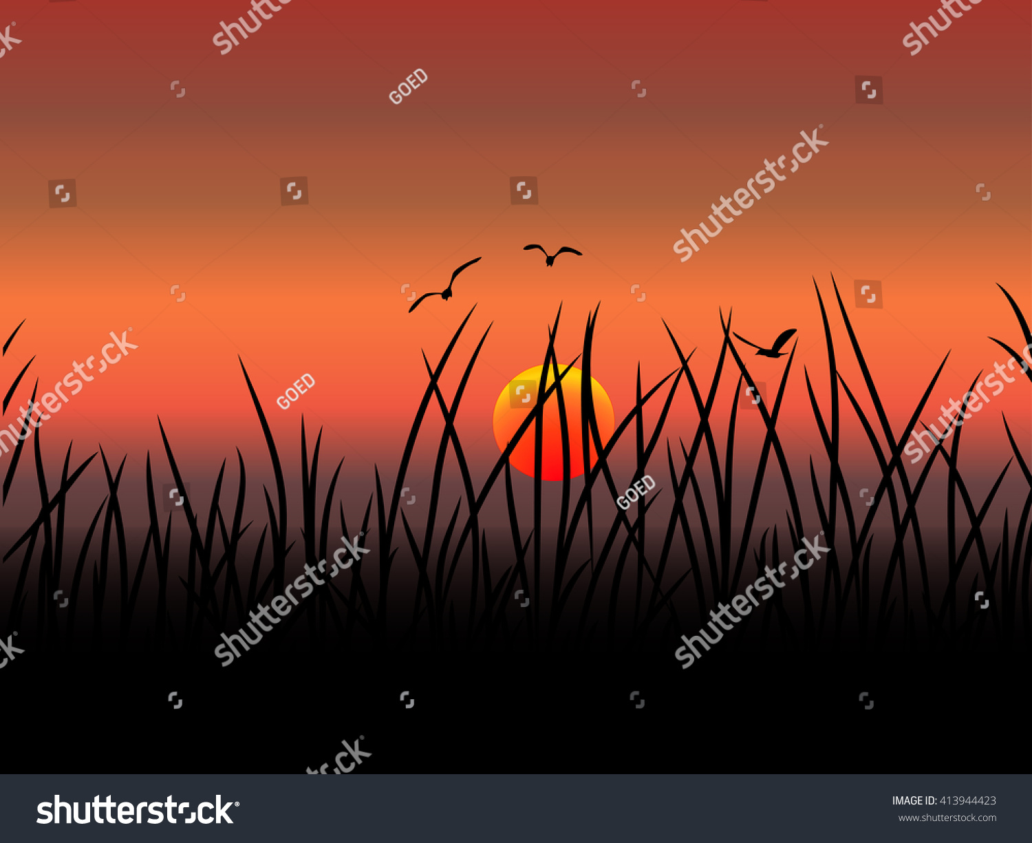 Sunset Grass Fly Bird Vector Landscape: เวกเตอร์สต็อก (ปลอดค่าลิขสิทธิ์ ...