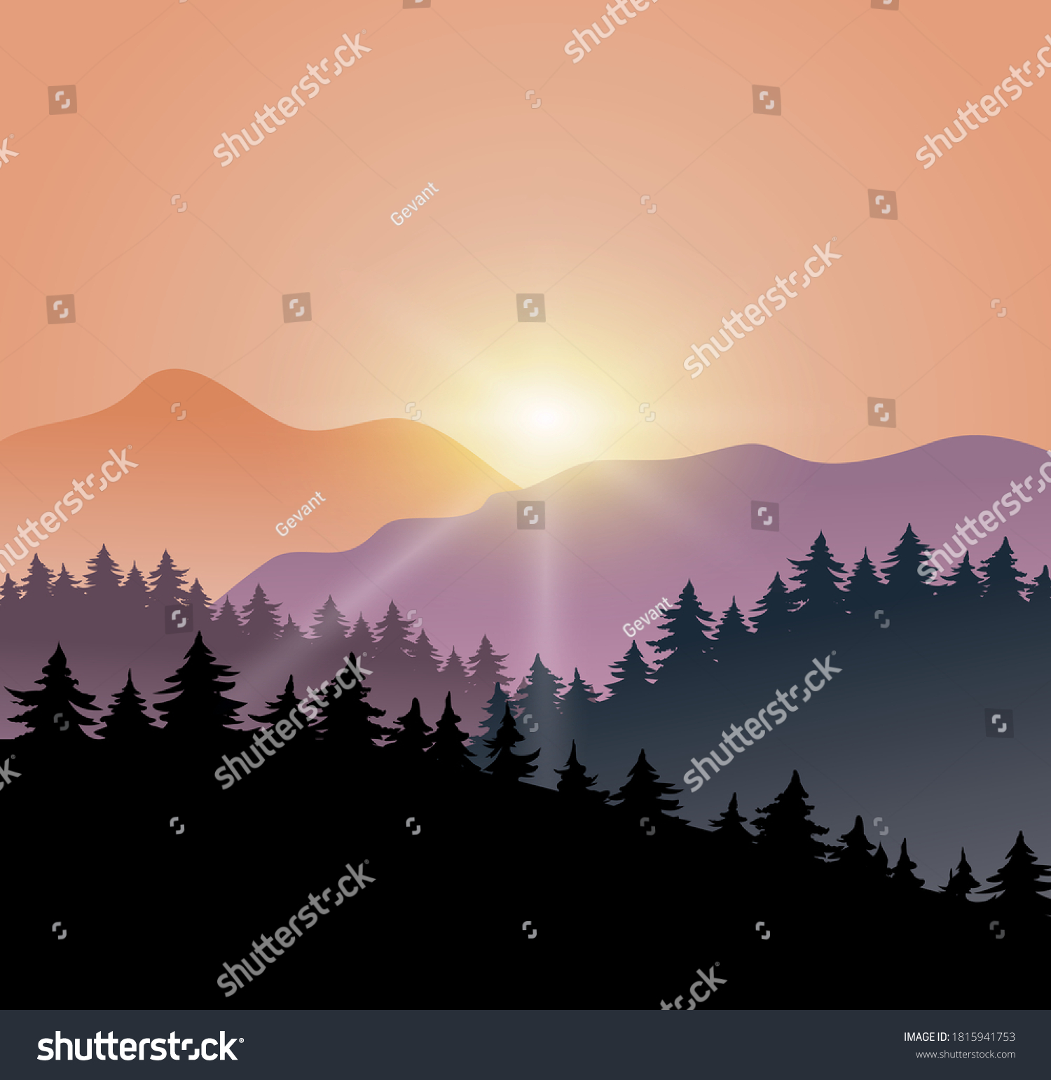 Sunset Mountains Vector Landscape Illustration Stock Vector (Royalty ...