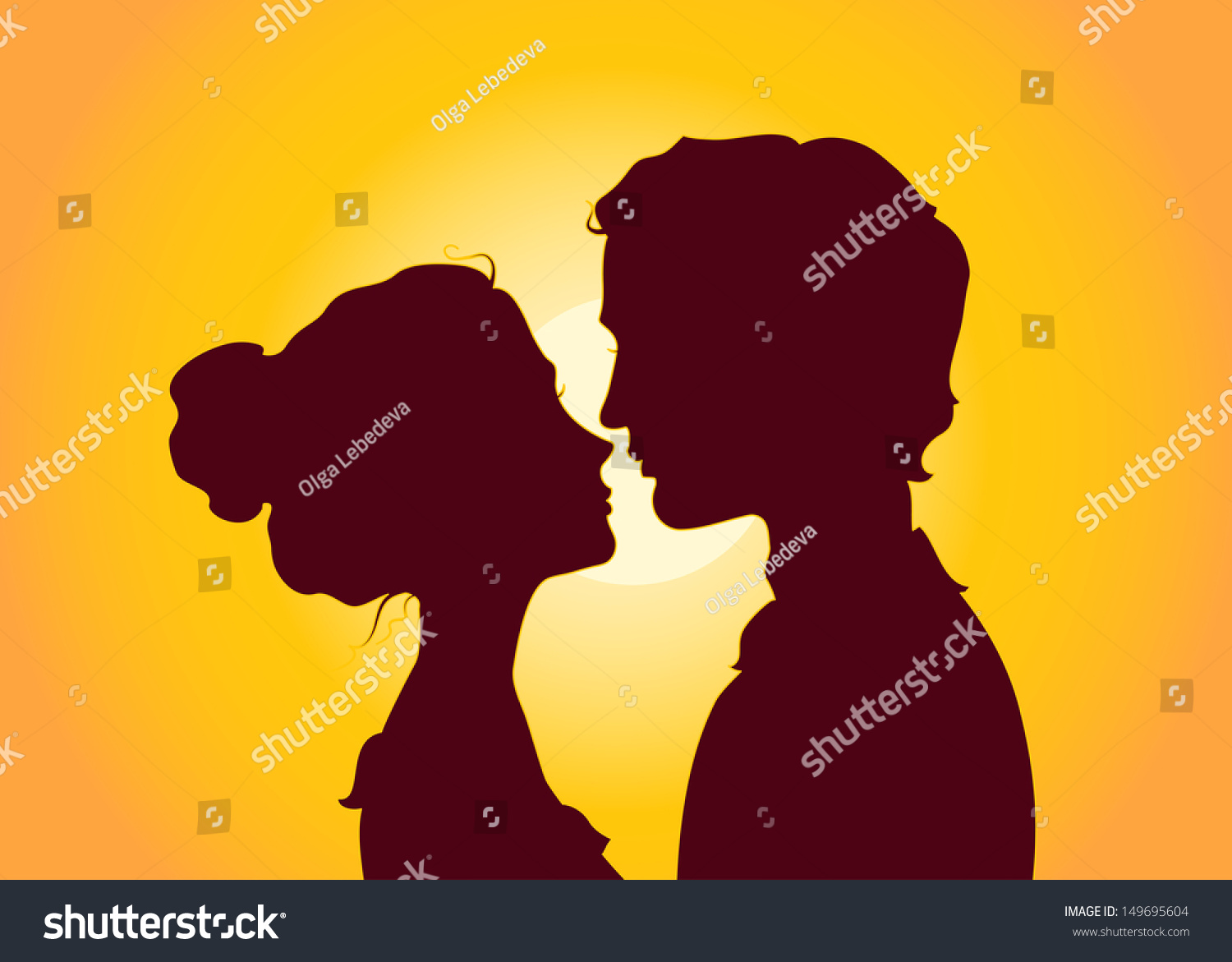 Sunset Silhouettes Kissing Couple Stock Vector Royalty Free 149695604