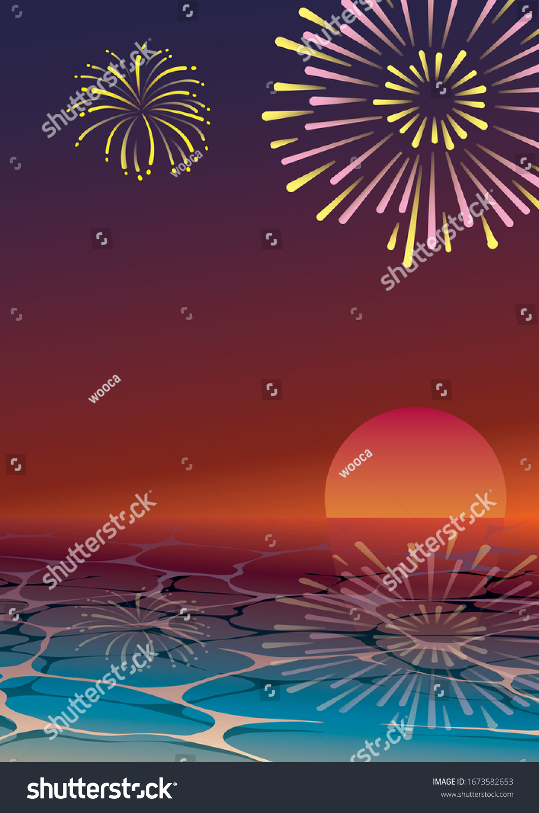 Sunset Waterside Fireworks Background Material Stock Vector (Royalty ...