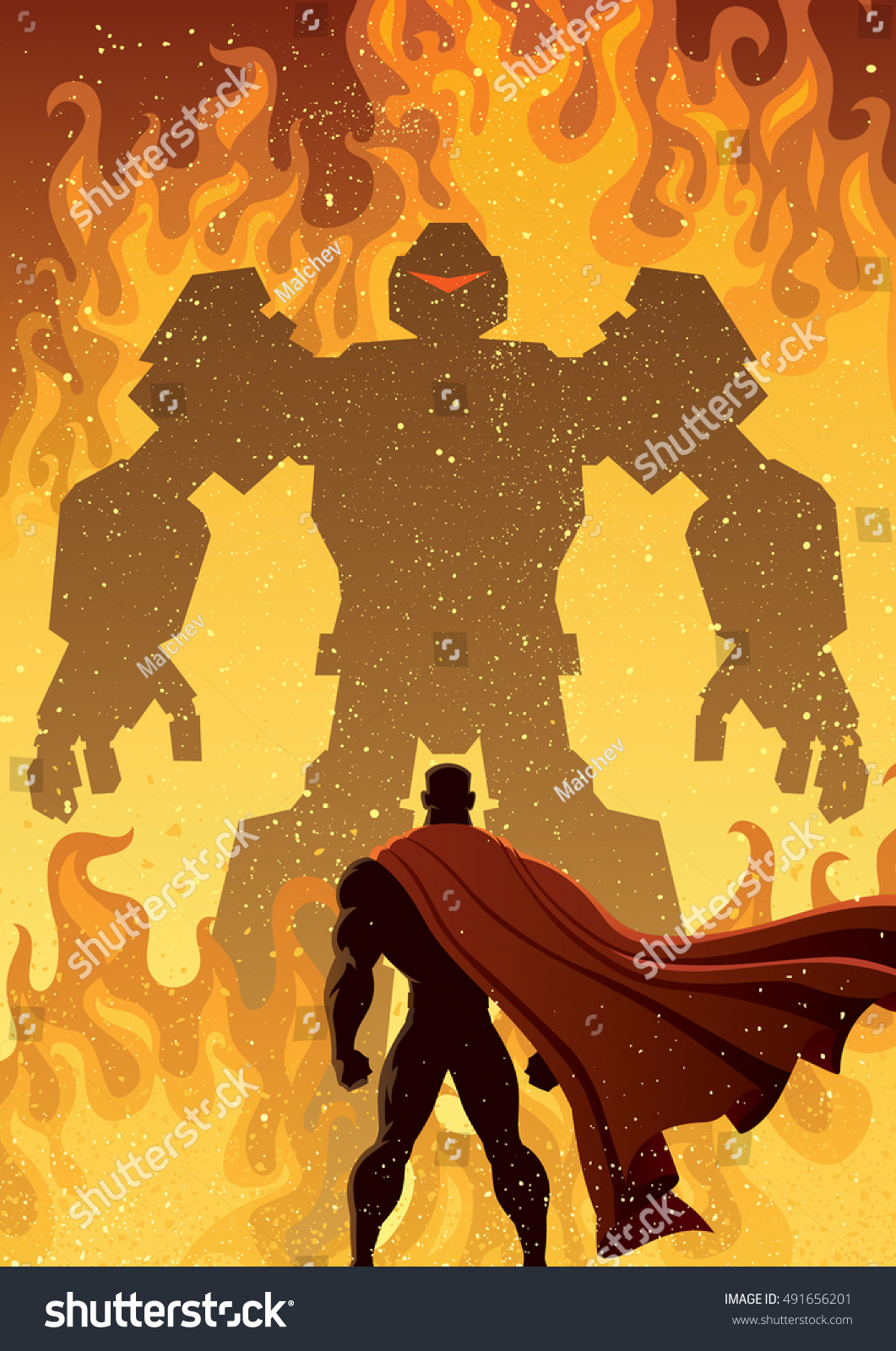 Superhero Facing Giant Evil Robot. Stock Vector 491656201 : Shutterstock