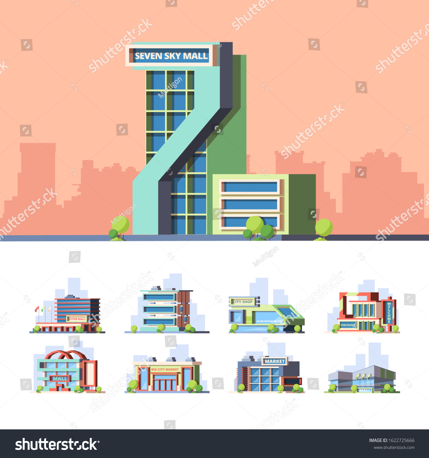 Supermarkets Hypermarkets Flat Vector Illustrations Set Stock Vector ...