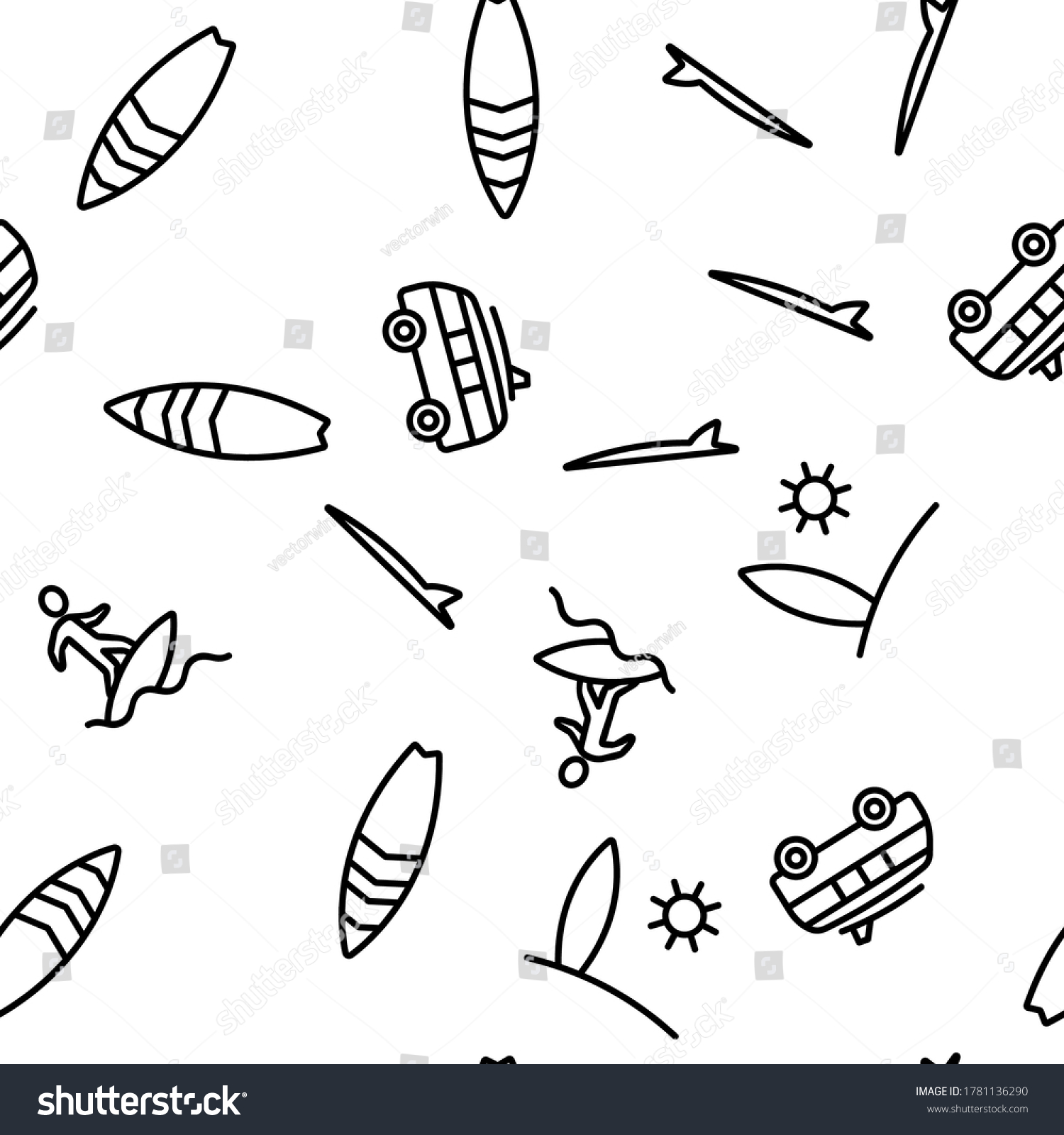 Surfboard Vector Seamless Pattern Thin Line Stock Vector (Royalty Free ...